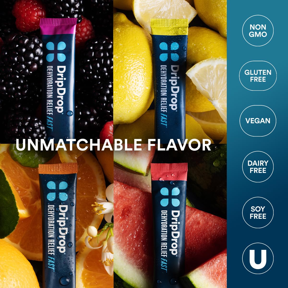 DripDrop Hydration - Bold Variety Pack - Electrolyte Drink Mix Single Serve Hydration Powder Packets - Watermelon, Berry, Lemon, Orange | Non-GMO, Gluten Free, Vegan | 16 Sticks