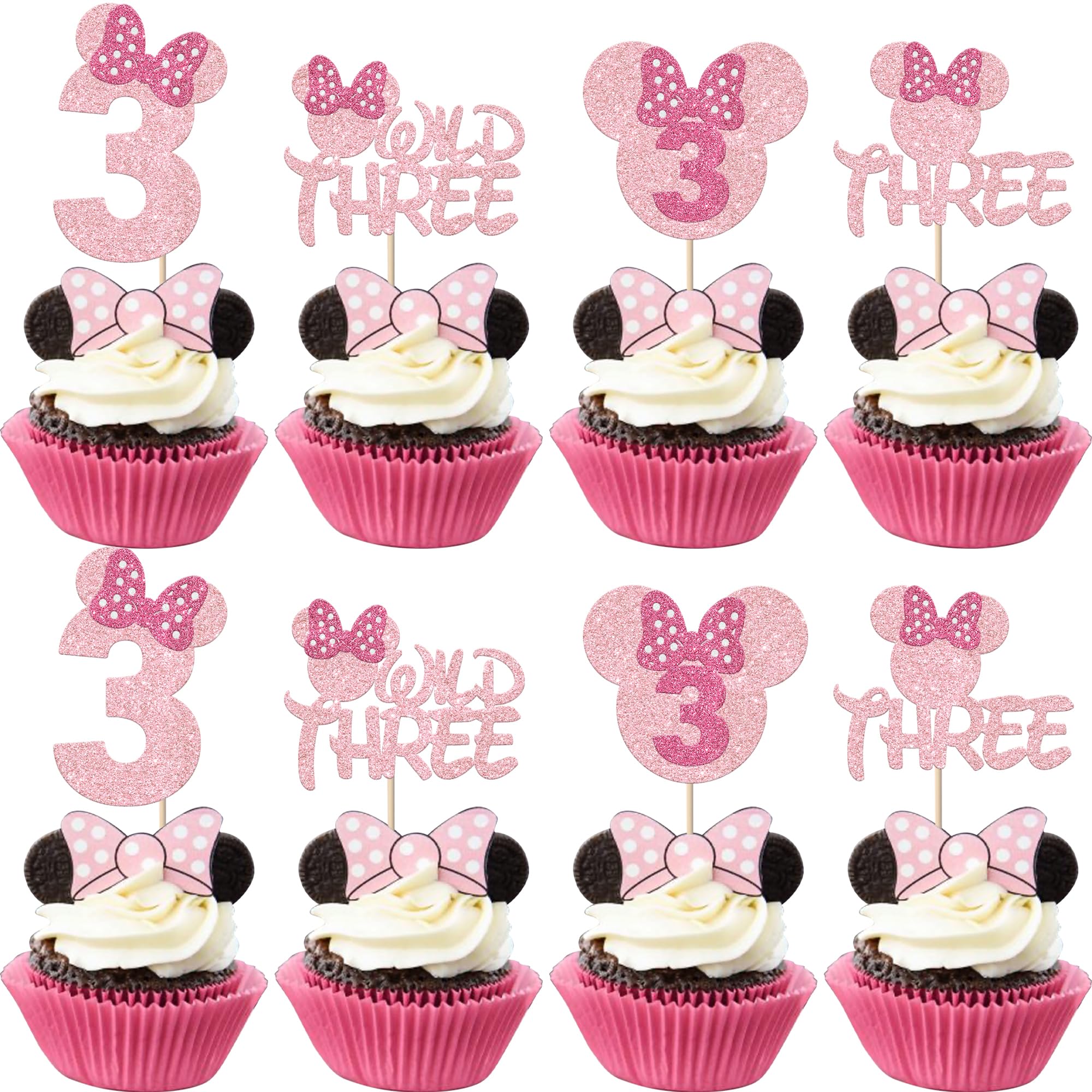 Rsstarxi 24 Pack Mouse 3rd Birthday Cupcake Toppers, Pink Bow Mini Third Birthday Party Decorations Mouse Three Cupcake Picks for Baby Shower 3rd Birthday Party Decorations Pink