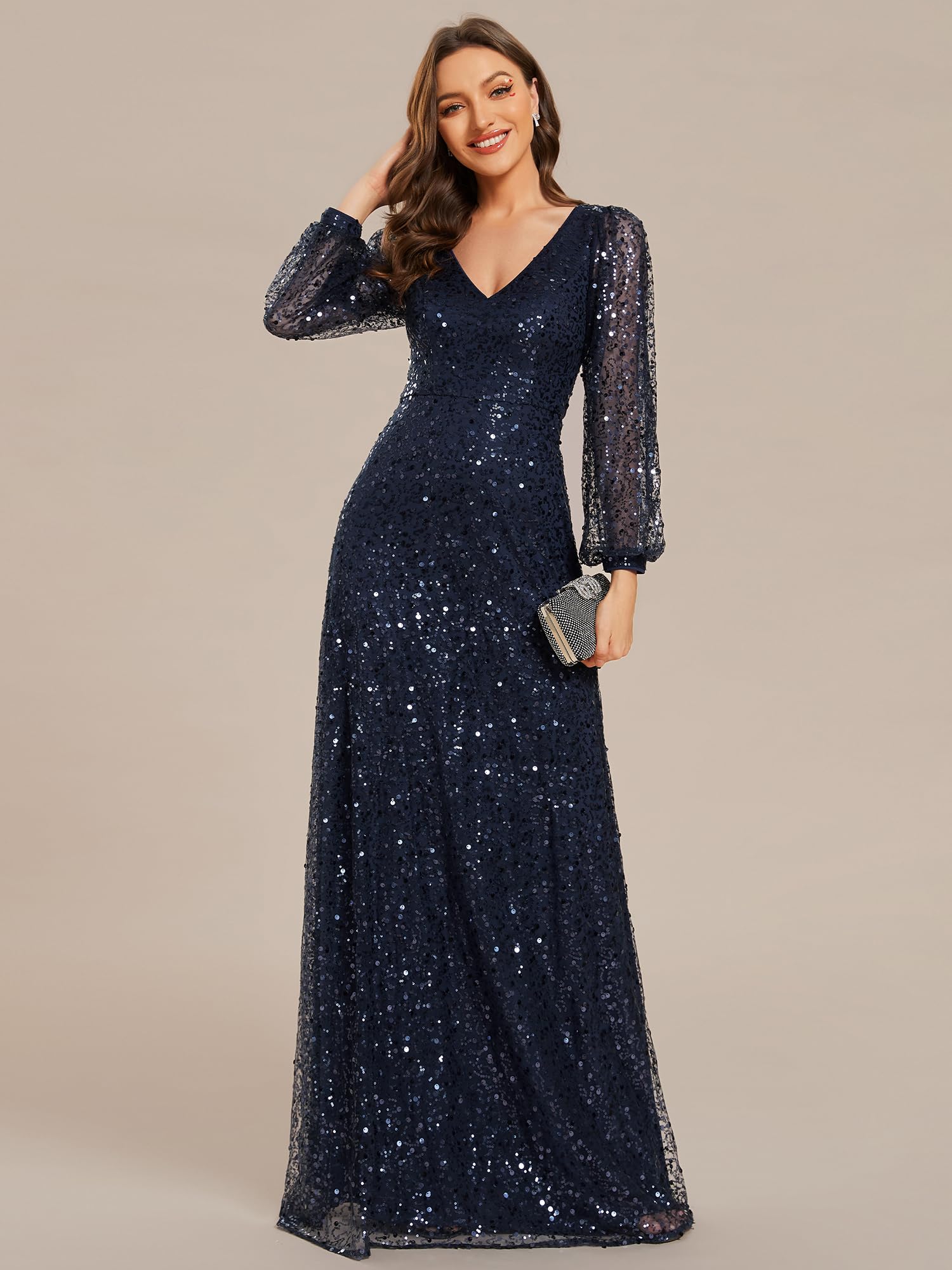 Ever-Pretty Women's Sequin A-Line V Neck Beaded Gown Long Sheer Sleeves Cocktail Evening Gown Navy Blue US10