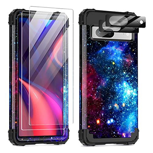 Miqala for Google Pixel 7 Case,[2 Pack Tempered Screen Protector+2 Pack Camera Lens Protector] Shiny in The Dark Three Layer Shockproof Hard Plastic +Soft Silicone Case for Google Pixel 7,Blue Sky