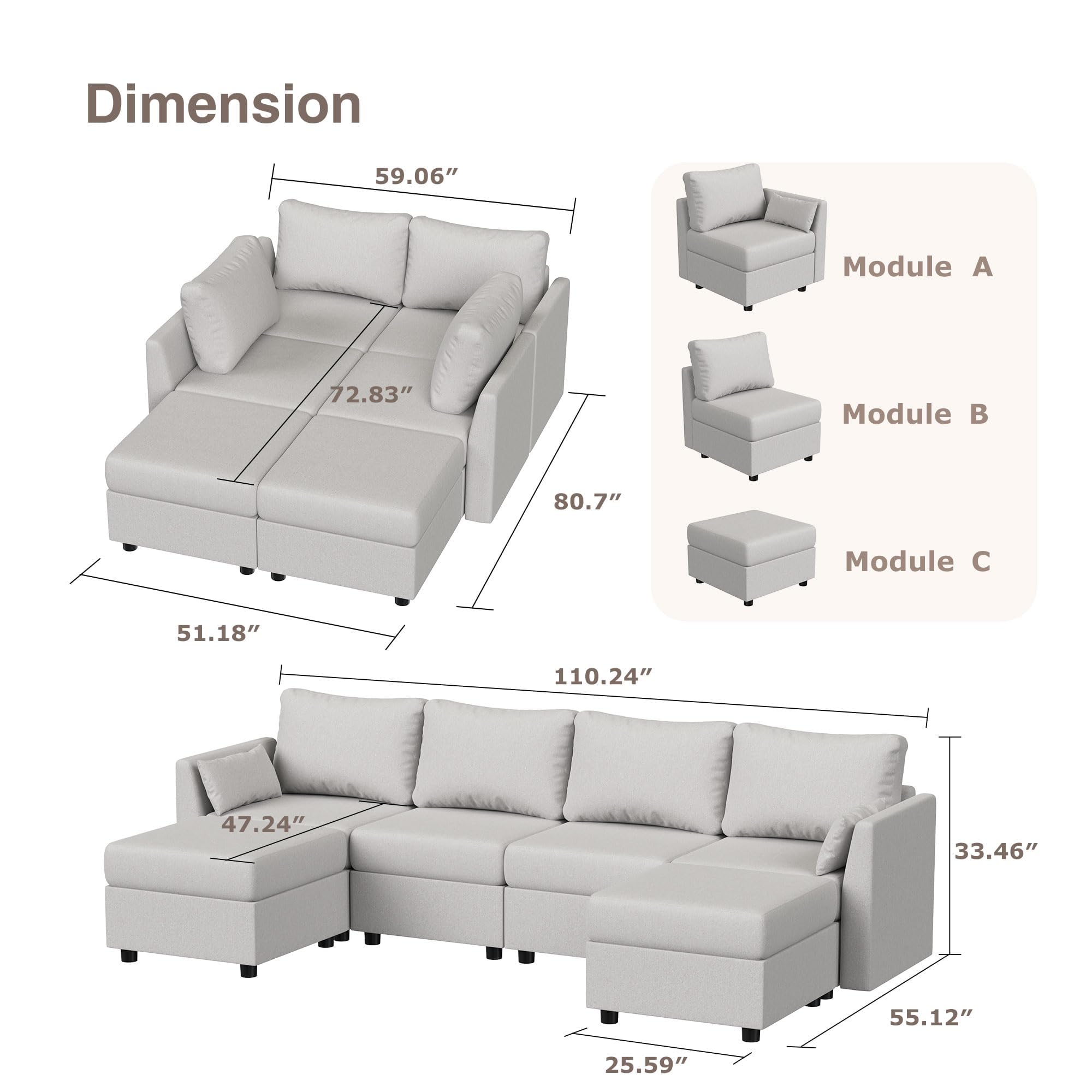 Mangodan Modular Sectional Sofa with Storage, Convertible 6 Seat Sectional Couches for Living Room, U Shaped Sectional Sofa with Chaise, Comfy Sectional Sleeper Sofa, High Supportive sponge-Light Grey
