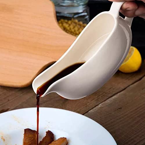 Miecux Gravy Boat wiht Tray, Ceramic Serving Saucer&Dish Dispenser for Sauces, Dressings and Creamer, Large Handle, Microwave and Dishwasher Safe, 17 oz (White)
