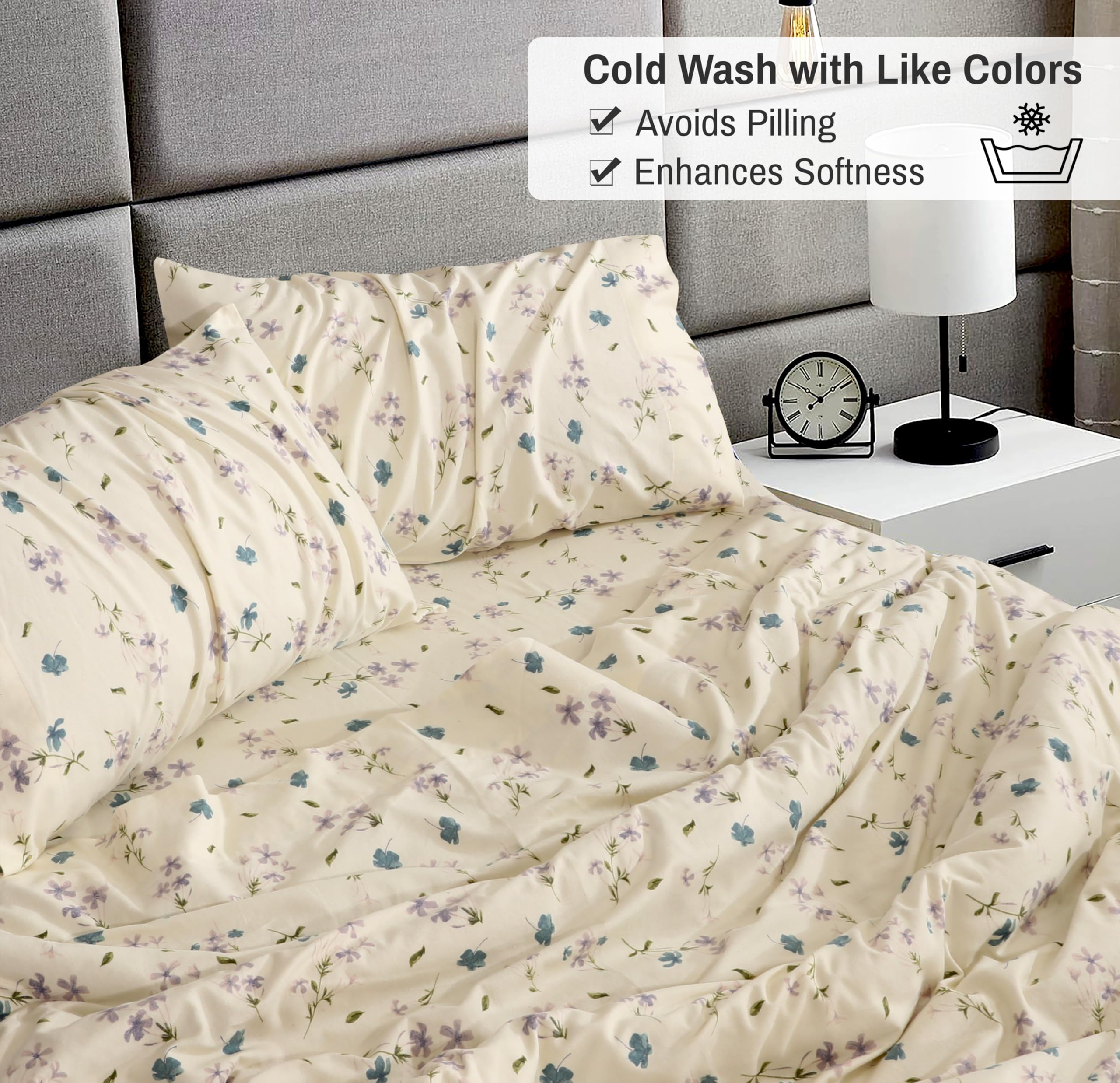 RUVANTI Flannel Sheets Twin Size - 100% Cotton Double Brushed Twin Sheets Set, Deep Pockets 16 Inches, All Seasons Breathable & Extra Soft Bed Sheets, Warm & Cozy, 3 Piece, Jasmine Stamp Cream