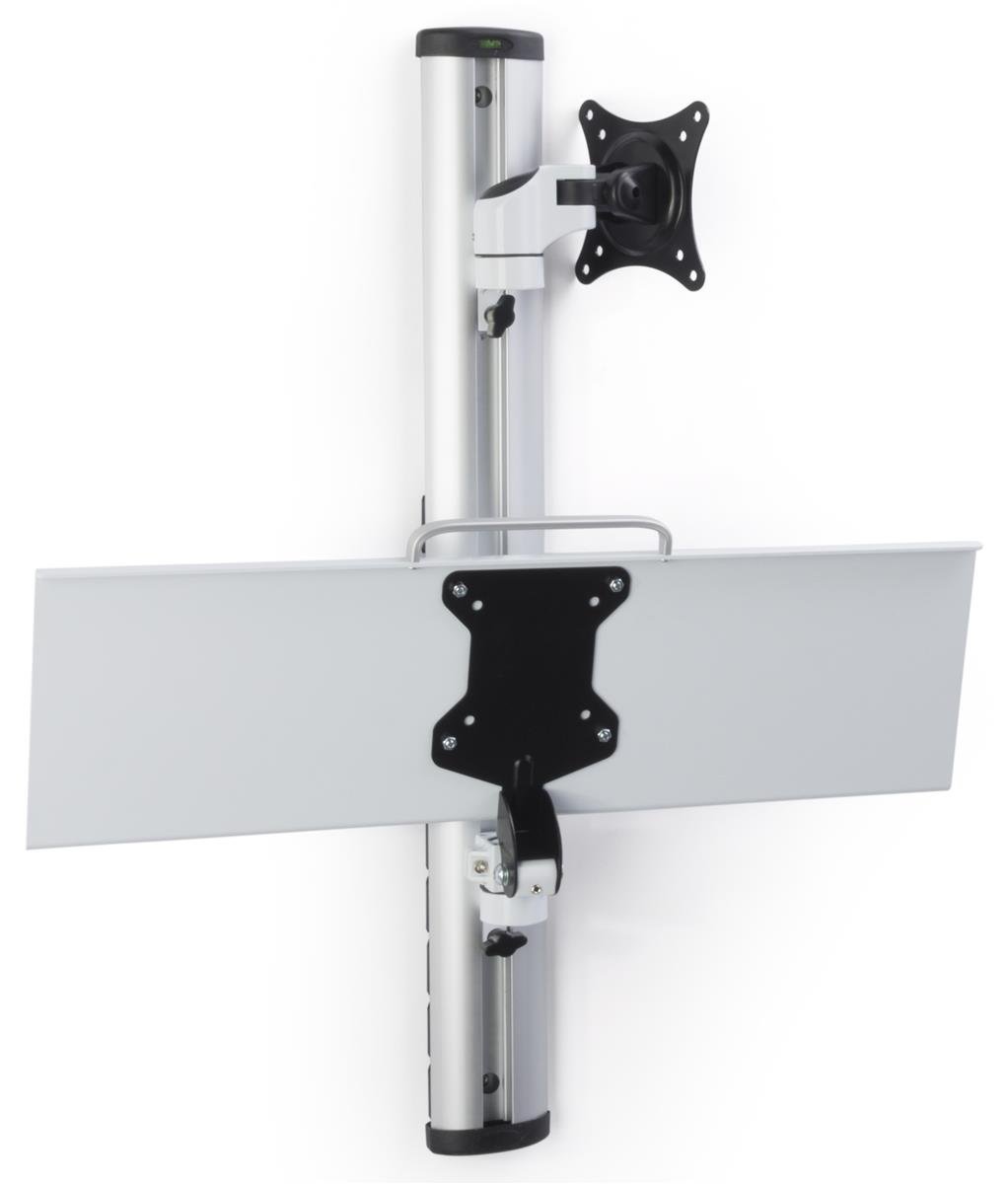 Displays2go Adjustable Monitor Display for Wall Mounting, Adjustable Height, Aluminum Build β Silver, White (VMSSWWM27)