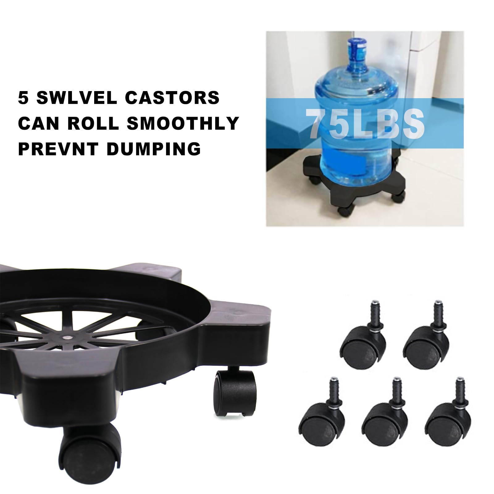 KOBSAINF 5 Gallon Bucket Dolly with 5 Smooth-Rolling Swivel Casters,75 lbs,No Tip or Spilling for 5 Gallon Bucket and Flowerpot,11" Inside Diameter,Black (2Pcs)