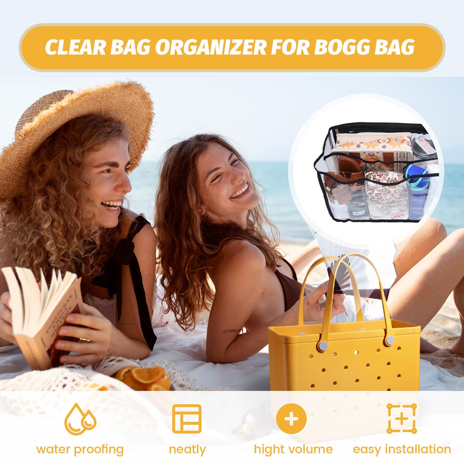 Patomio Eagle Beach Bag Organizer Compatible with Bogg Bag Insert Divide Space 7 Pocekets with Zipper XLarge for Bags Accessories,Waterproof，Transparent & Black