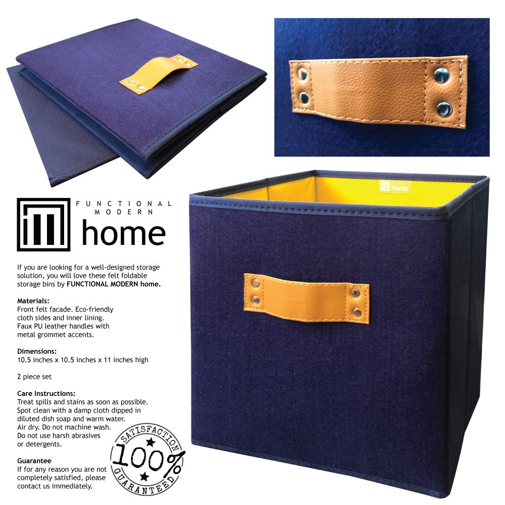 Functional Modern - Foldable Storage Bins - Collapsible Storage Cubes - Closet Storage - Organizer Basket - 2 Pack - Linen - 11 Inches High (Indigo Blue, 10.5" Width x 10.5" Depth x 11" Height)