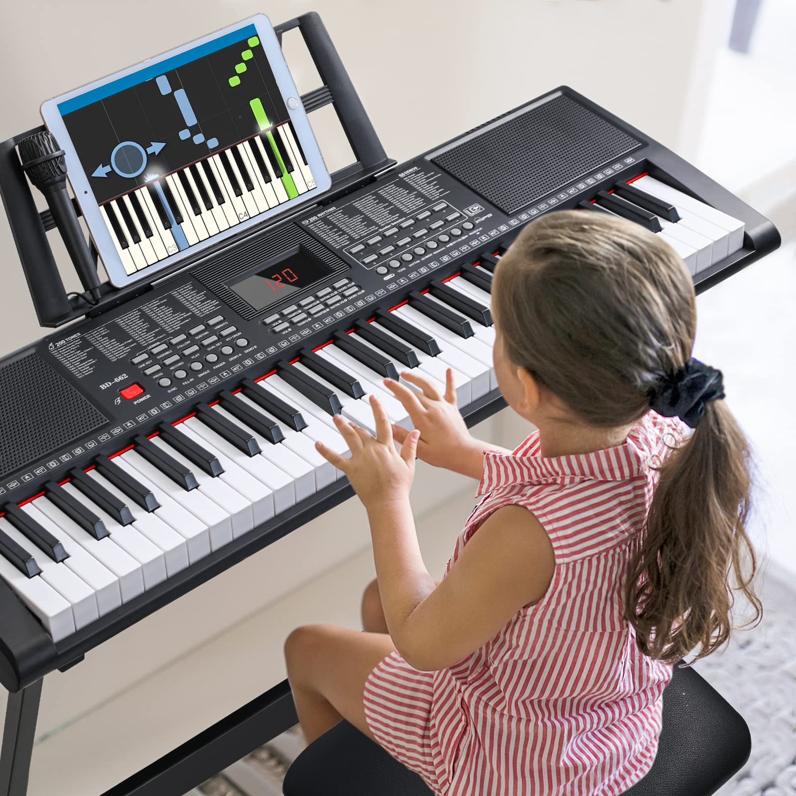 Keyboard Piano, 61 Key Electric Piano Keyboard for Beginners, LED Screen Music Keyboard with Microphone, Keynote Stickers, Stand Bench and Music Stand (Grey)