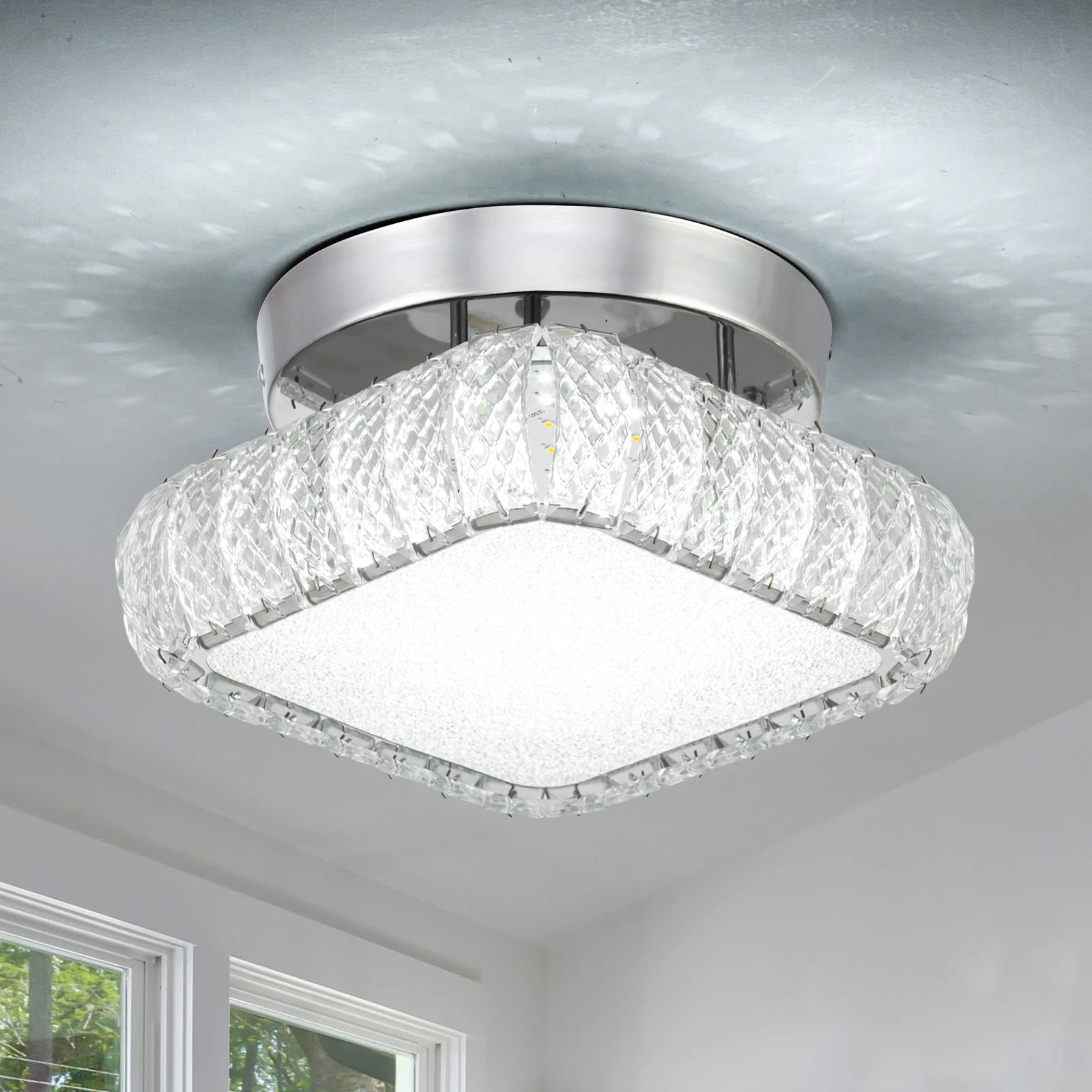 DSLITING Hallway Chandelier Small Crystal Ceiling Light LED Chandelier Bedroom Light Fixture Modern Flush Mount Ceiling Light Mini Chandelier for Bathroom Foyer Chandelier Light