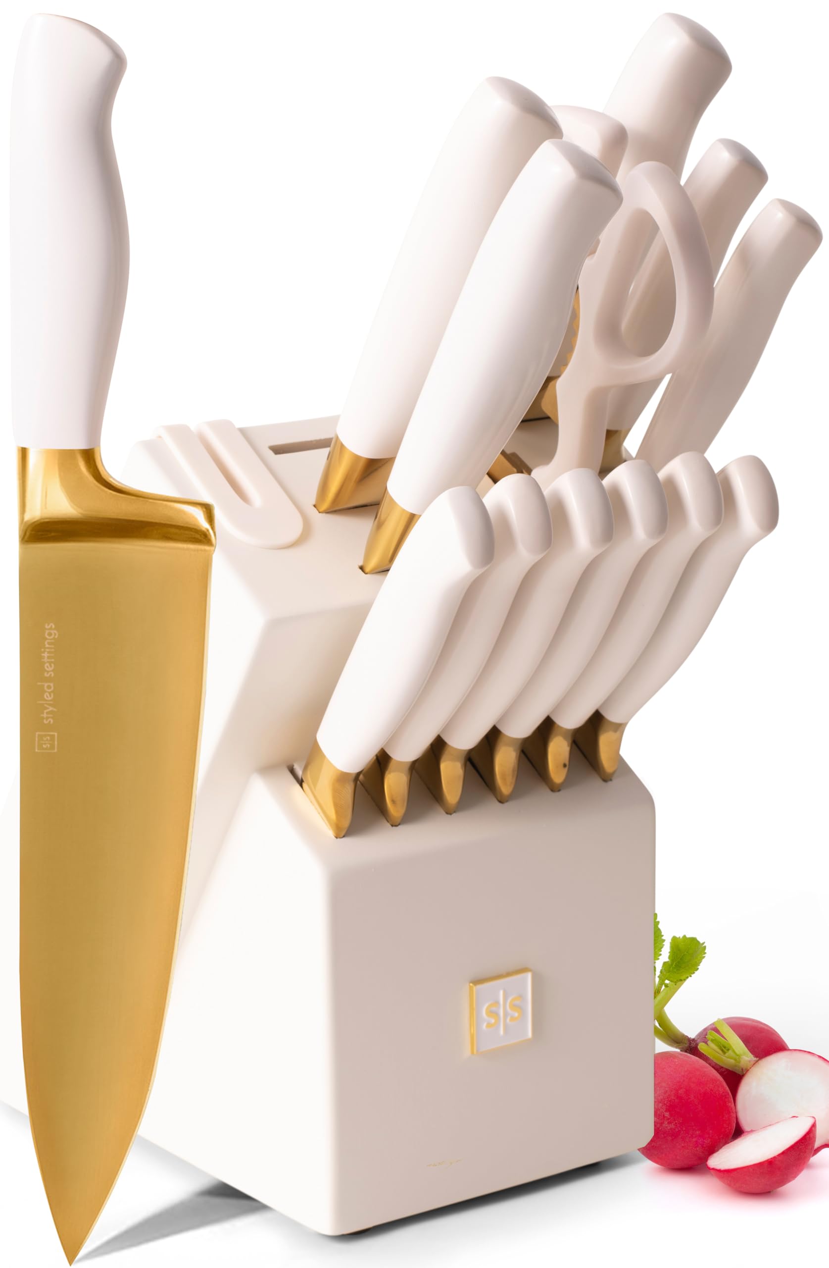 Gold Knife Set with Block Self Sharpening - 14 PC Luxurious Titanium Coated Gold and Off-White Kitchen Knife Set and White Knife Block with Sharpener, White and Gold Kitchen Accessories and Decor