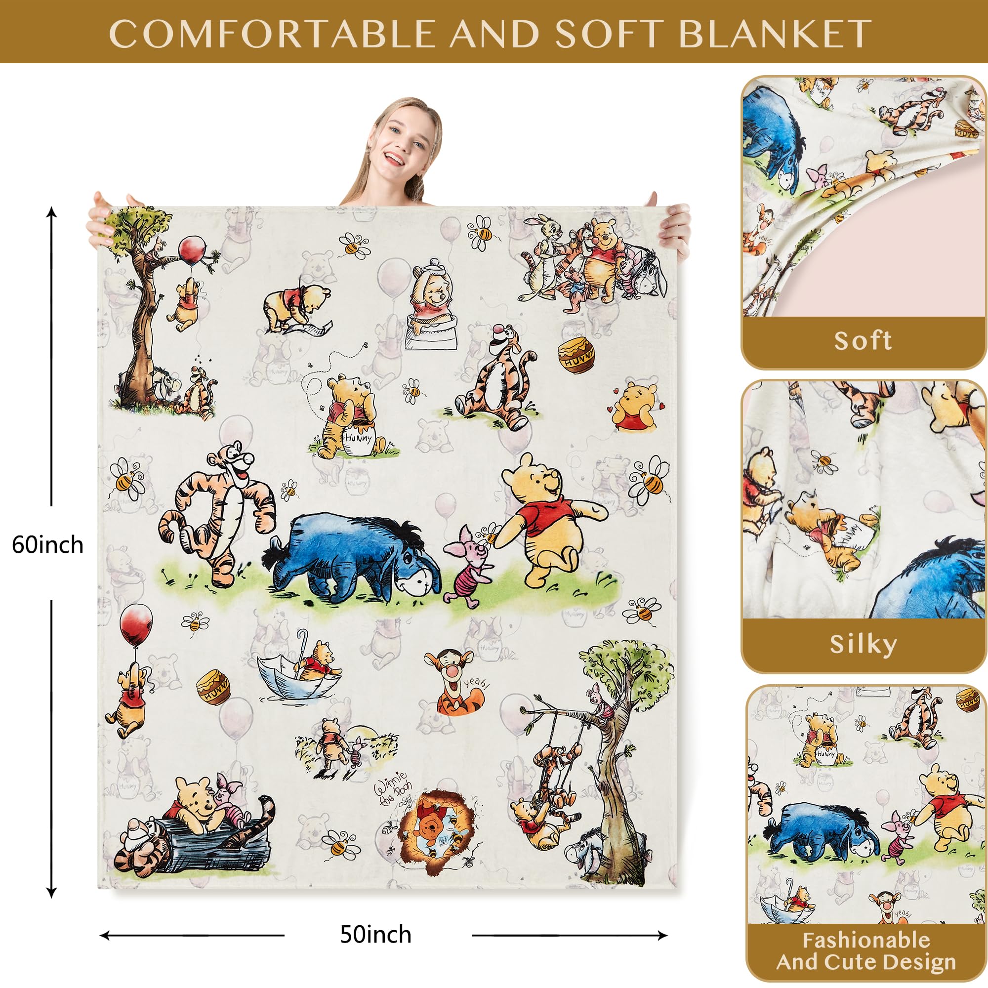 Pooh Bear Throw Blanket for Couch,Soft and Cozy Lightweight Plush Bed Blankets for Women,Fall Bear Theme Blanket Decor for Sofa Chair All Season Use,Thin Warm Blanket 50"x60"