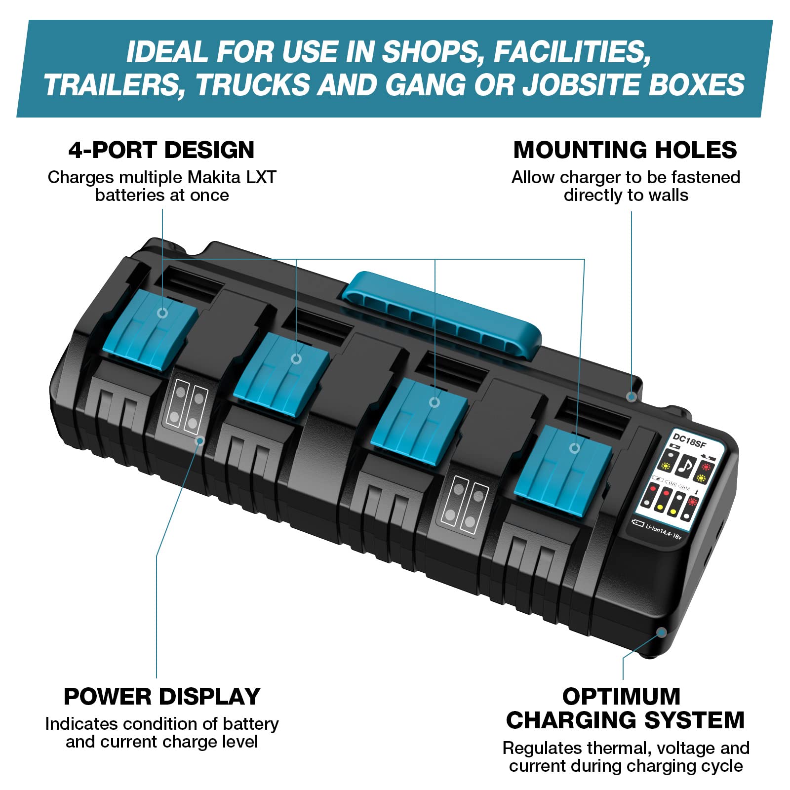DTEZTECH DC18SF 4-Ports Charger for Makita 14.4V-18V Li-ion Battery, Rapid Charger for DC18SF DC18RC DC18RD DC18RA, Compatible with BL1815 BL1820 BL1830 BL1840 BL1850 BL1860 BL1430 BL1440 BL1450