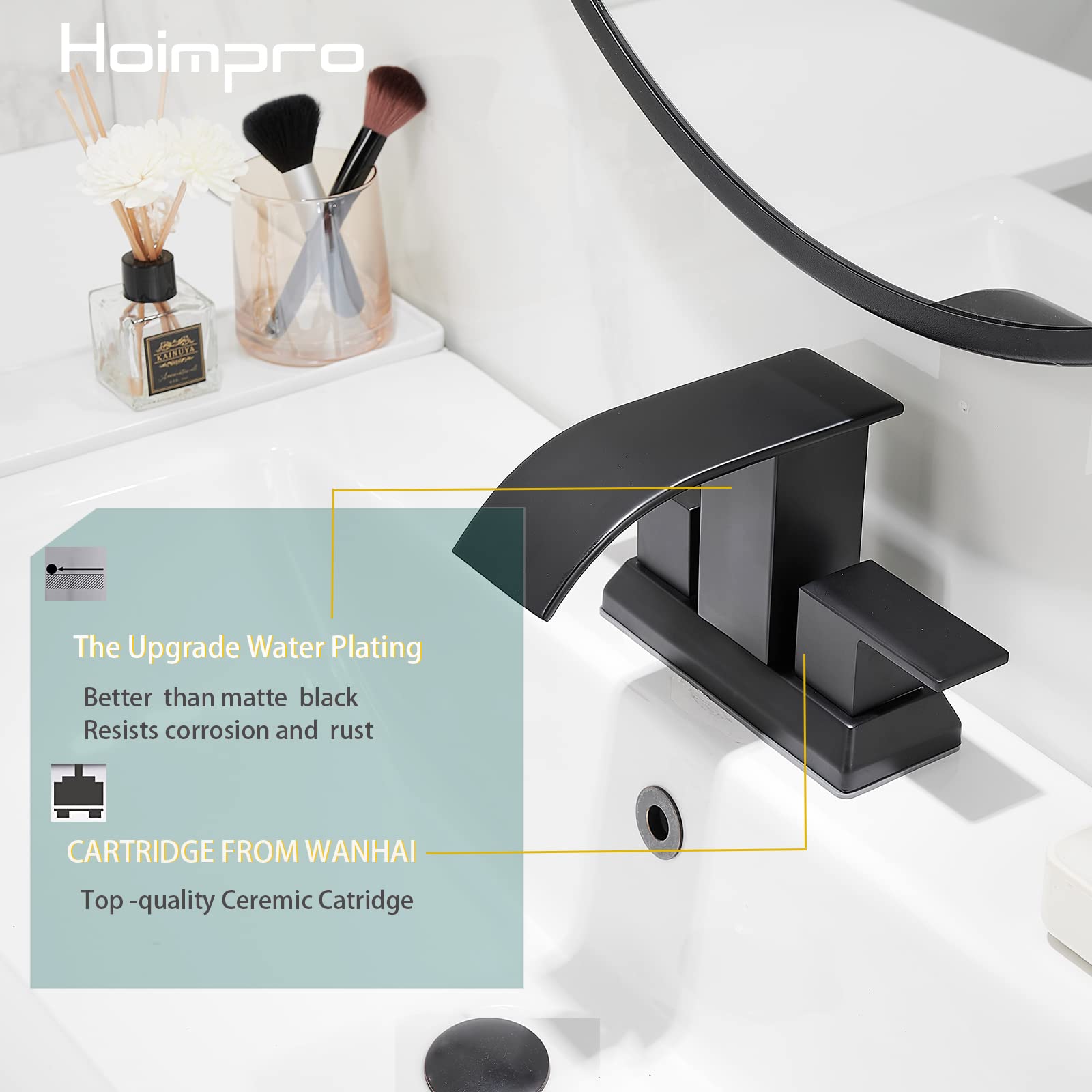 Hoimpro 3 Holes 4 Inch Bathroom Faucet, Waterfall Matte Black Bathroom Faucet Two Handles Centerset Bathroom Sink Faucet Vanity Sink Faucet with cUPC Supply Hoses and Pop Up Drain