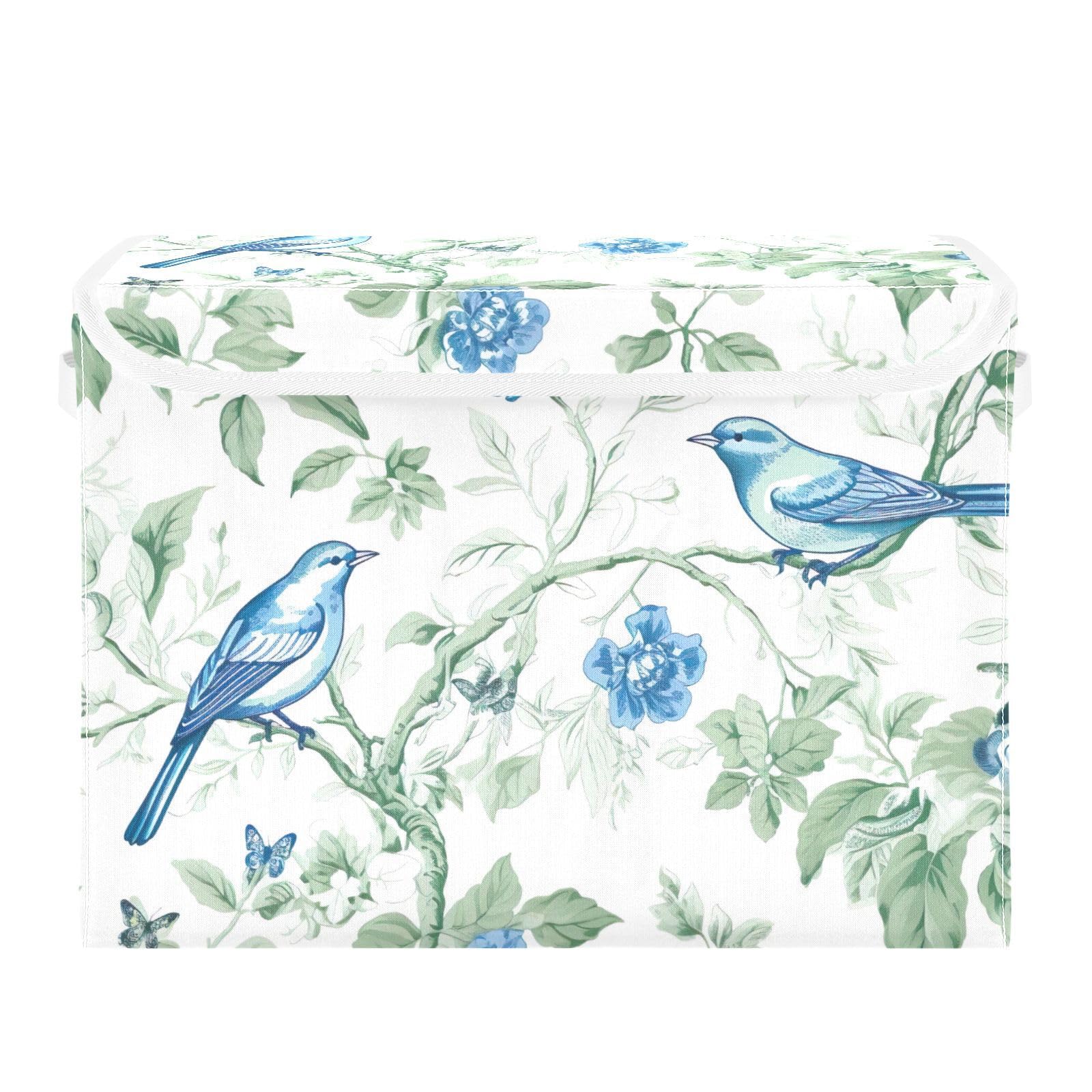 Moudou Watercolor Bird Floral Storage Bin with Lid, Large Collapsible Cube Storage Box for Closet, Office, Bedroom, Home Decor
