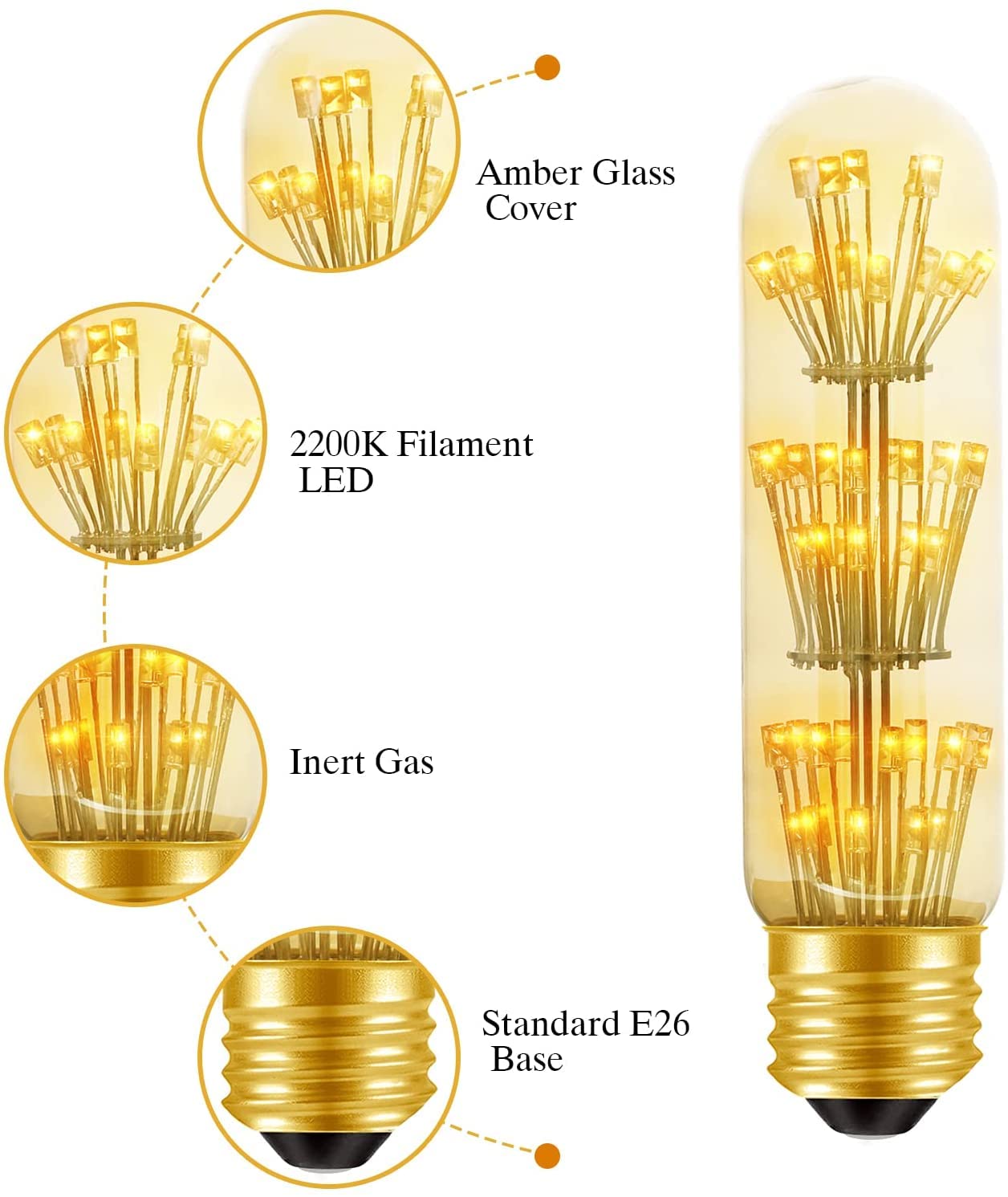 keymit T10 LED Bulb Amber, Decorative Light Bulbs, Firework LED Bulb, Fully Dimmable E26 Base Edison Bulb for Lamp, String Lights, 3W 300LM, Tubular Long Bulb, Amazing Star Glow 3Pack