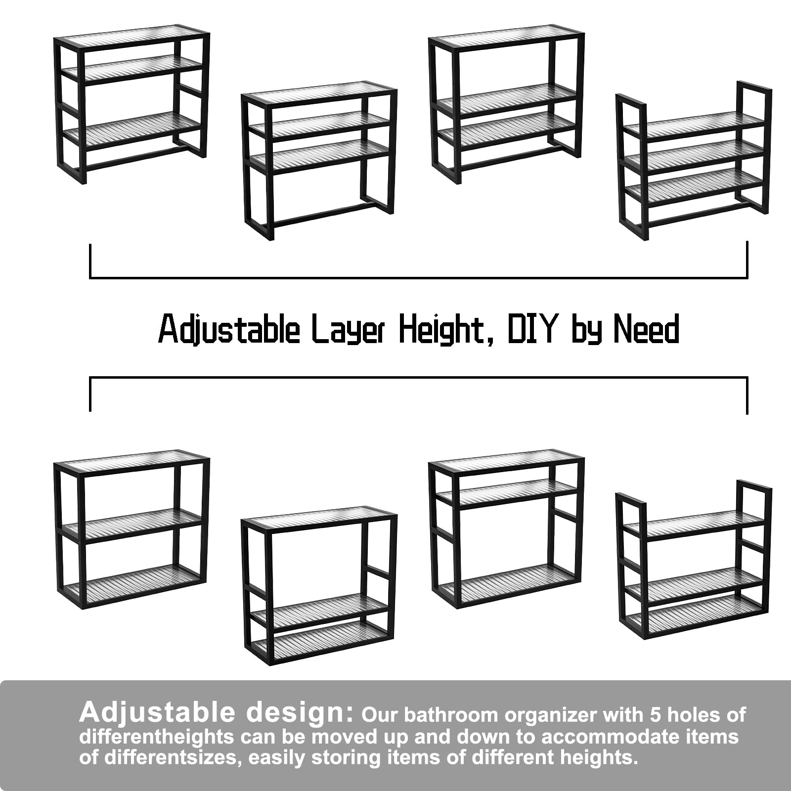 ohbambol Bathroom Organizer Shelves - 3 Adjustable Layer Acrylic Partitions Toilet Storage Shelf with Towel Pole(Black,2Pcs)