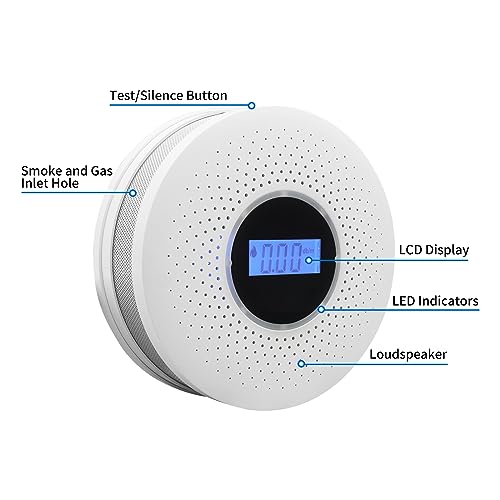 GiiHoo Smoke and Carbon Monoxide Detector Alarm, 2-in-1 Combination Smoke and Carbon Monoxide Detector with LCD Display and Silence Function, Battery Operated, Not Hardwired (White-1)