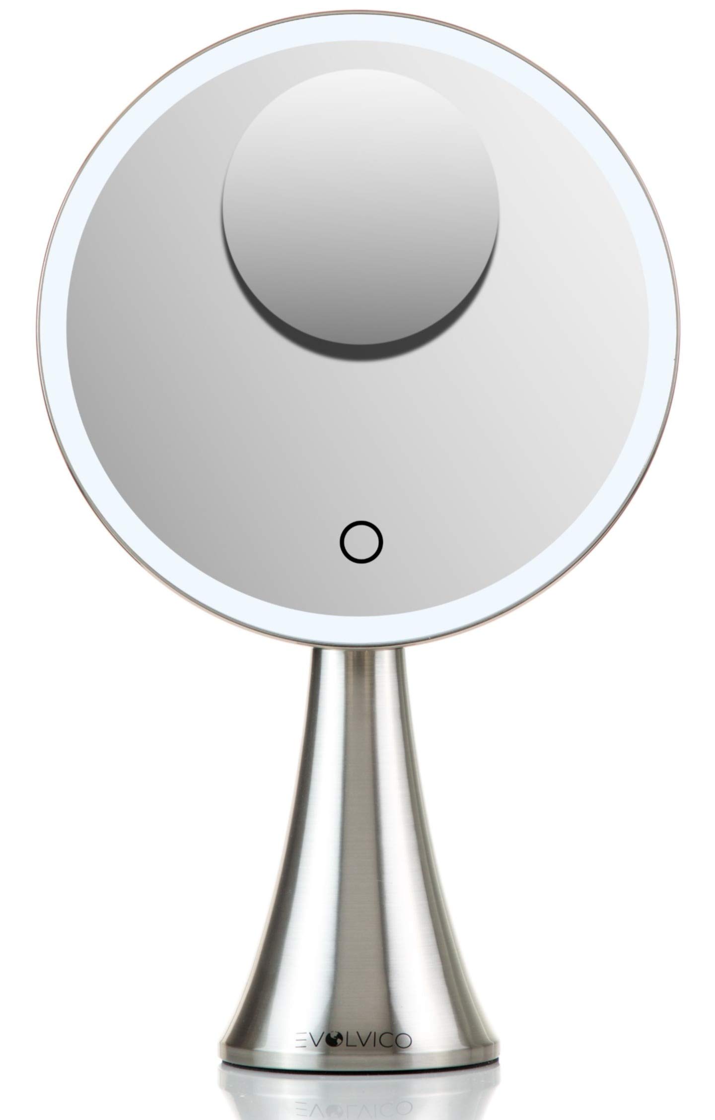 Evolvico 9 inch Lighted Round Makeup Vanity Mirror, 5X/10X Dual Magnification with Ultra Bright LED Lights System, Rechargeable, Cordless, Touch Control Adjustable Brightness, Brushed Stainless Steel