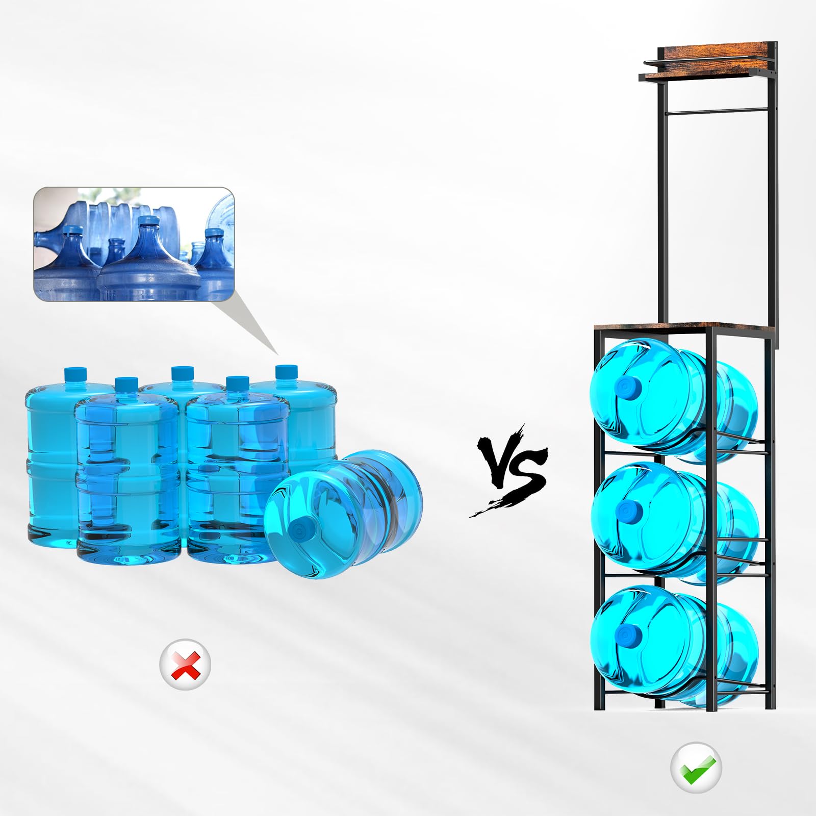 Water Bottle Holder 5 Gallon Water Cooler Jug Rack 3-Tiers Water Bottle,Removable water bottle cage,Can place coffee machine,Organizer with Storage Shelves for Kitchen Living Room Office(Upgraded)