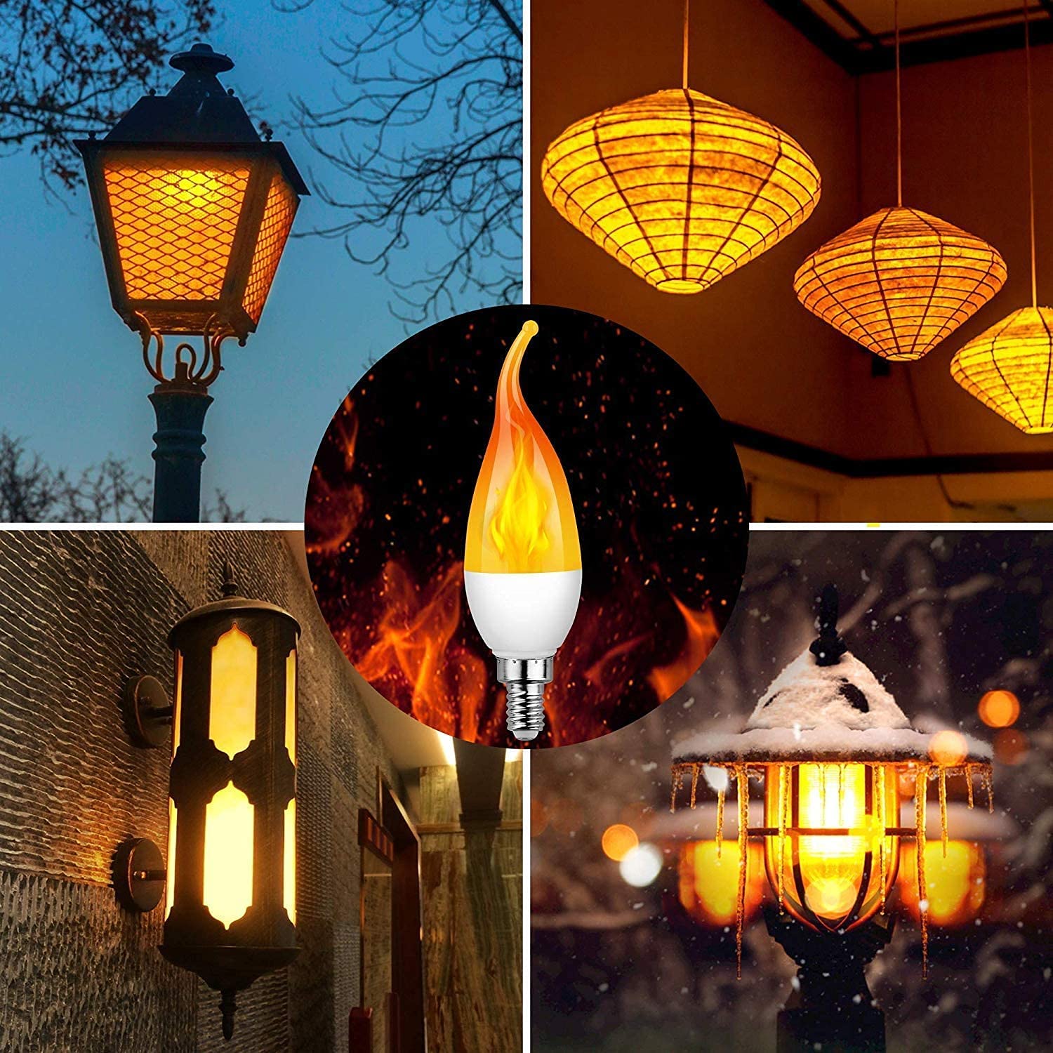 OHLGT E12 Flame Bulbs 4 Packs, 3 Mode LED Candelabra Flame Light Bulb 2.0 Watt Warm White Chandelier Flame Bulbs,1800k Candle Light Bulbs, Flame Tip for Christmas Party Decorations