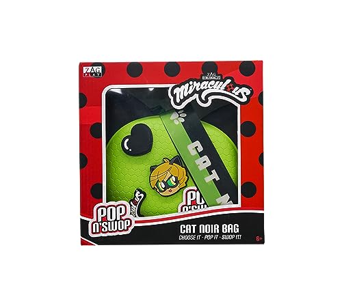 Miraculous Ladybug - Pop n' Swop Cat Noir Green Crossbody Bag with 4 Clip-on Badges, Cat Paw Zipper, Adjustable and Detachable Strap, Removable Ears, Lightweight Durable Waterproof Purse (Wyncor)