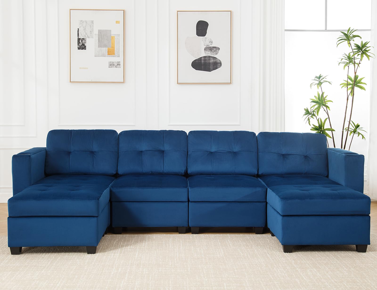ohllob 6 Seat Modular Sectional Sofa with Storage, 115" Leather Couches for Living Room, U Shaped Sofa Bed Couch with Cup Holders, Black