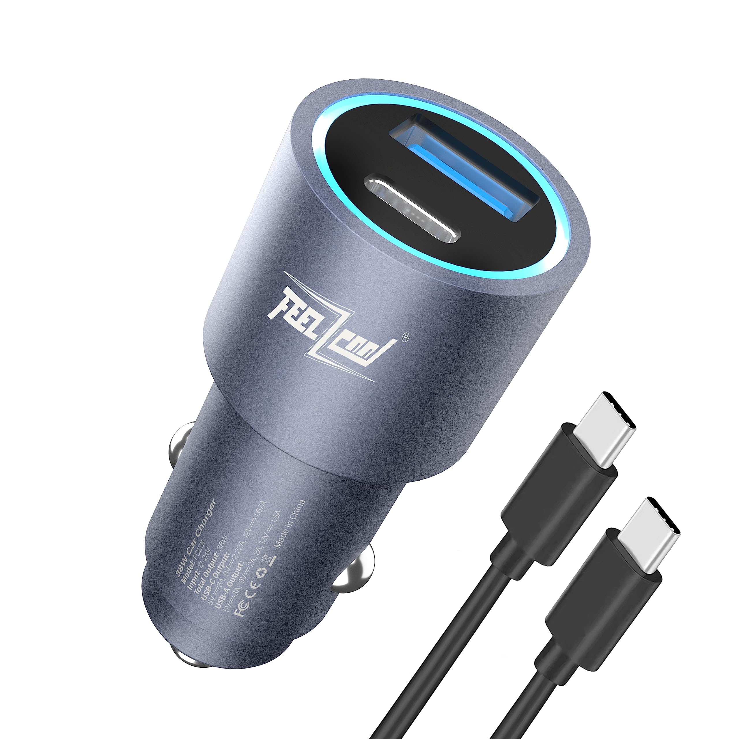 FeelCool USB C Car Charger 38W, PD 20W & QC 18W Fast Car Charging Adapter, Car Charger Cigarette Lighter with 3.3ft. Type C Cable for iPhone 15/14/13, Samsung Galaxy S23/S22/S21/Ultra, Google Pixel