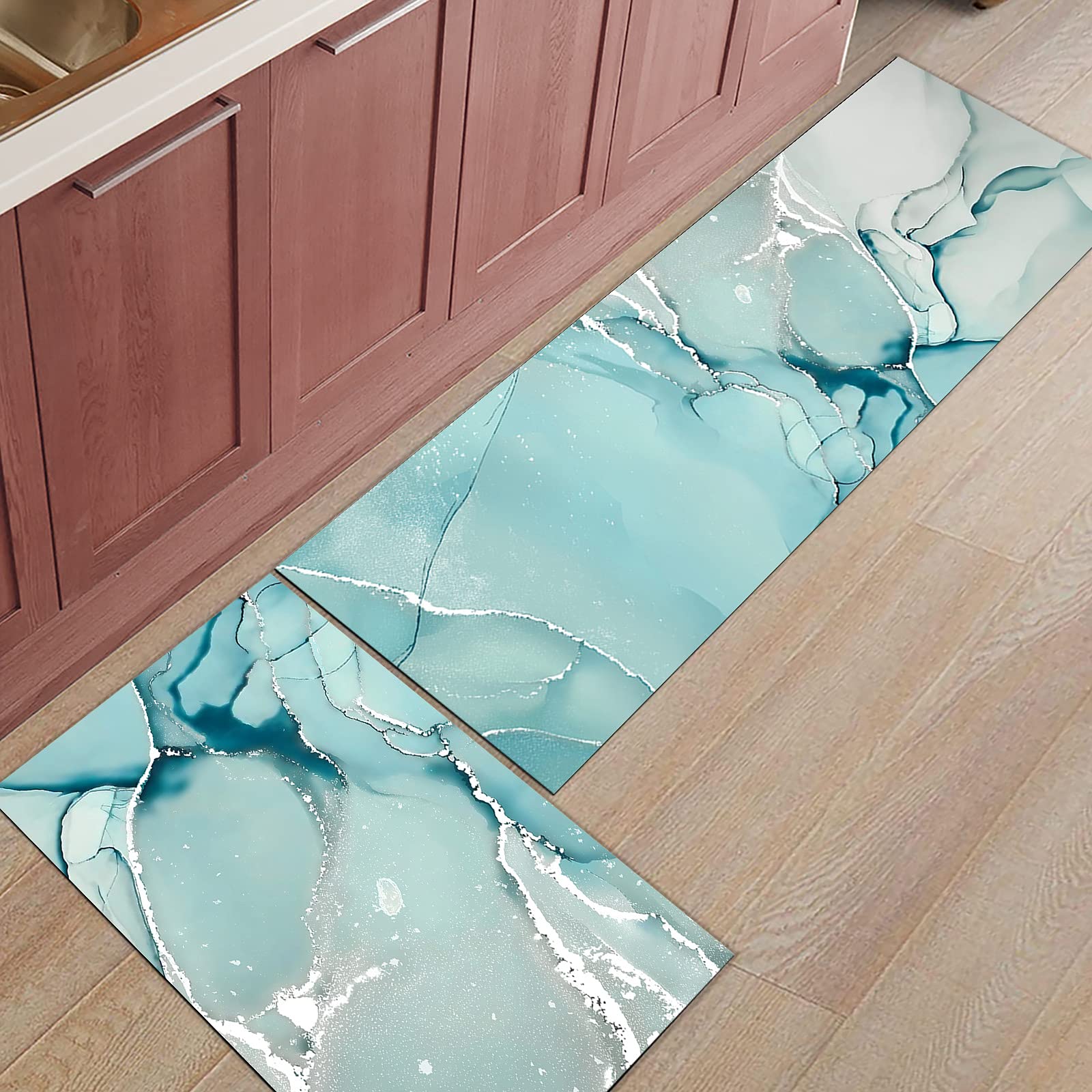 Gemhome Marble Absorbent Kitchen Rugs and Mats Set of 2, Modern Marble Non-Slip Comfort Floor Rug, Doormat Runner Carpet for Laundry Bathroom 15.7x23.6in+15.7x47.2in, Aqua Teal Marble Pattern