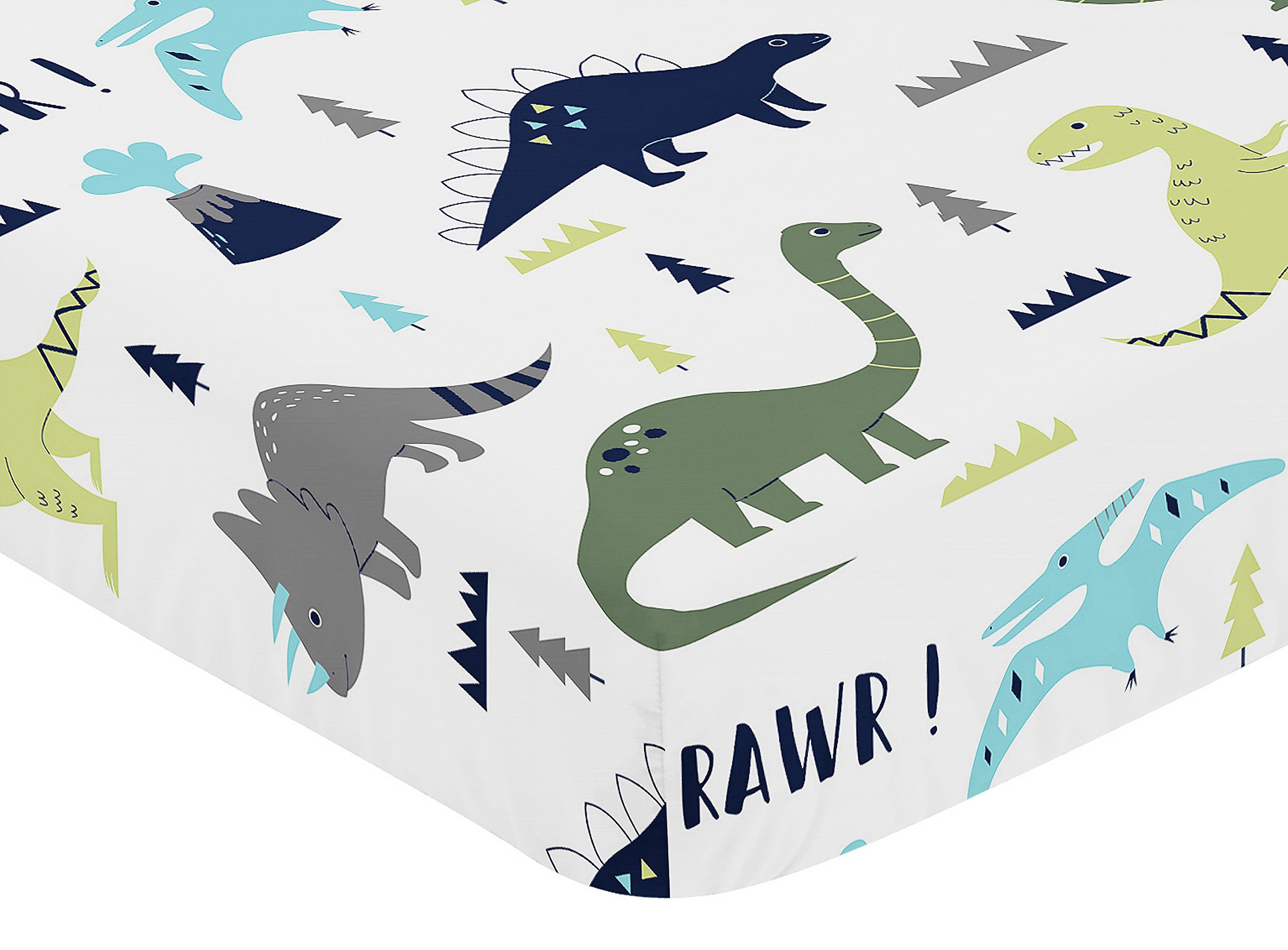 Sweet Jojo Designs Mod Dino Boy Cotton Fitted Crib Sheet Baby or Toddler Bed Nursery - Navy Blue Green Grey Modern Dinosaur Dinosaurs 100% Cotton