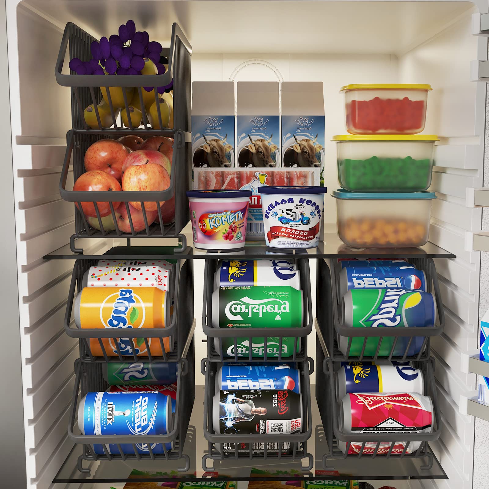 GILLAS 4 Pack Stackable Soda Can Organizer for Refrigerator, Can Holder Dispenser, Canned Food Storage Rack for Fridge, Kitchen, Countertops, Cabinets, Black