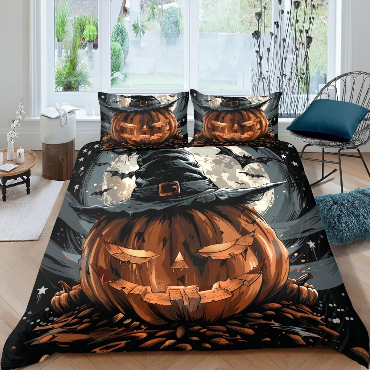 Menkala Halloween Chic Full Bedding Set Jack-O'-Lantern Duvet Pumpkin Lantern Comforter All Season Black Bats Animal Breathable Bedding Breathable Twinkling White Spider Silk Bat Bed Set Kid