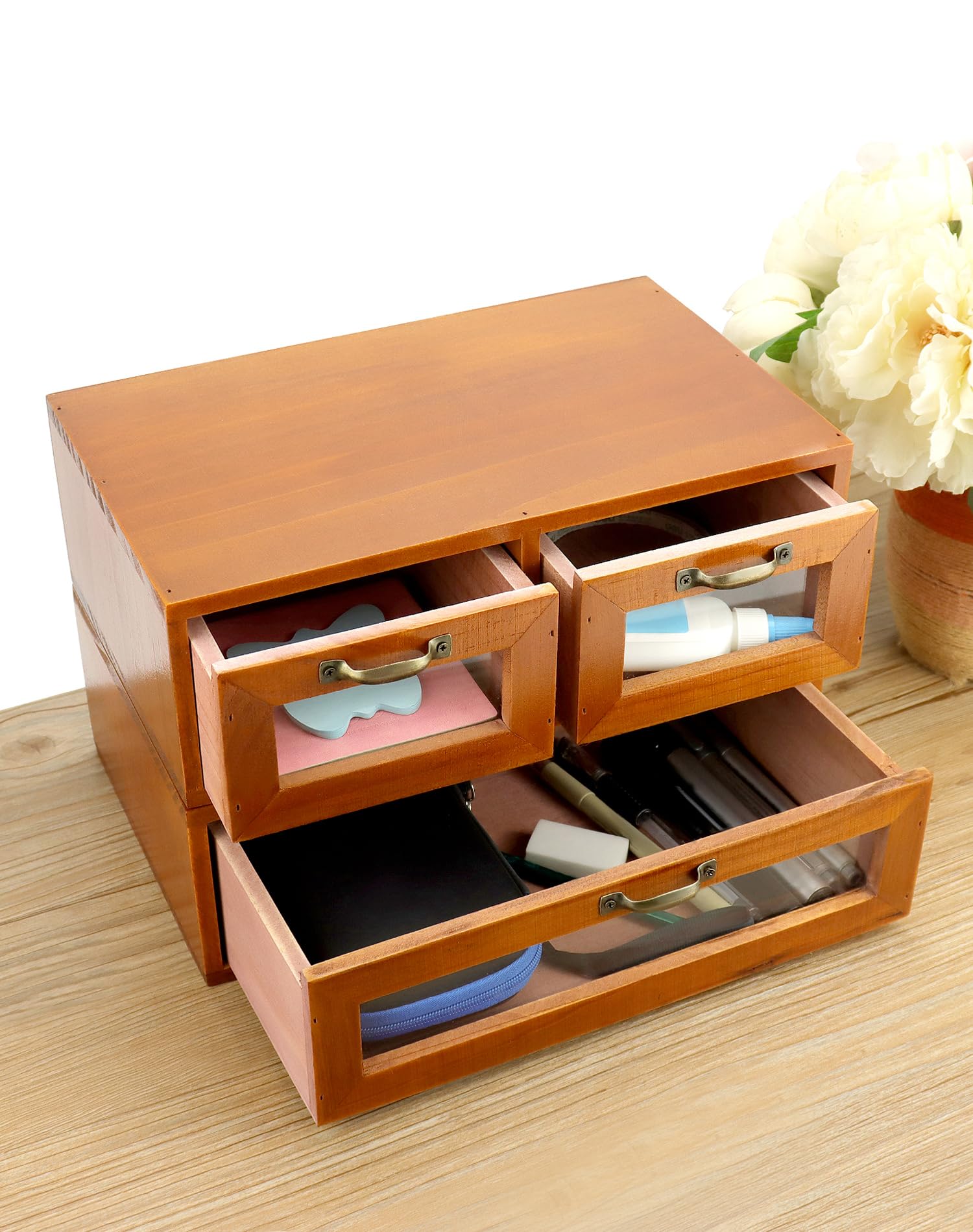 QWORK Wooden Box Organizer, Wood Desktop Storage Cabinet with 3 Drawers, Dark Brown