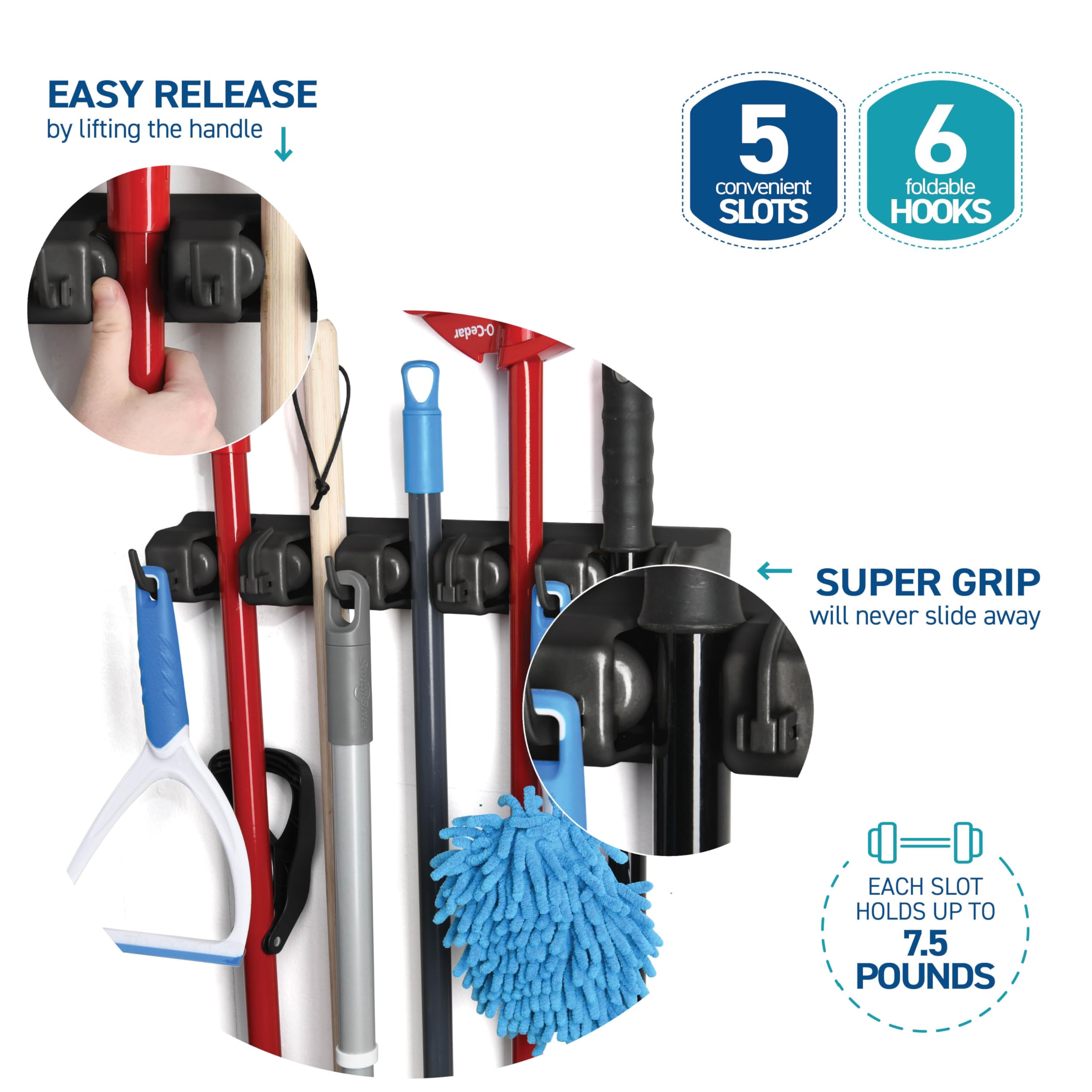 Mop and Broom Holder Wall Mount - Garage Storage Organizer with 5 Slots, 6 Hooks, 7.5lbs Capacity Per Slot - Home, Kitchen, Closet, Garden Tools, Laundry Room Organization β Black Broom Hanger