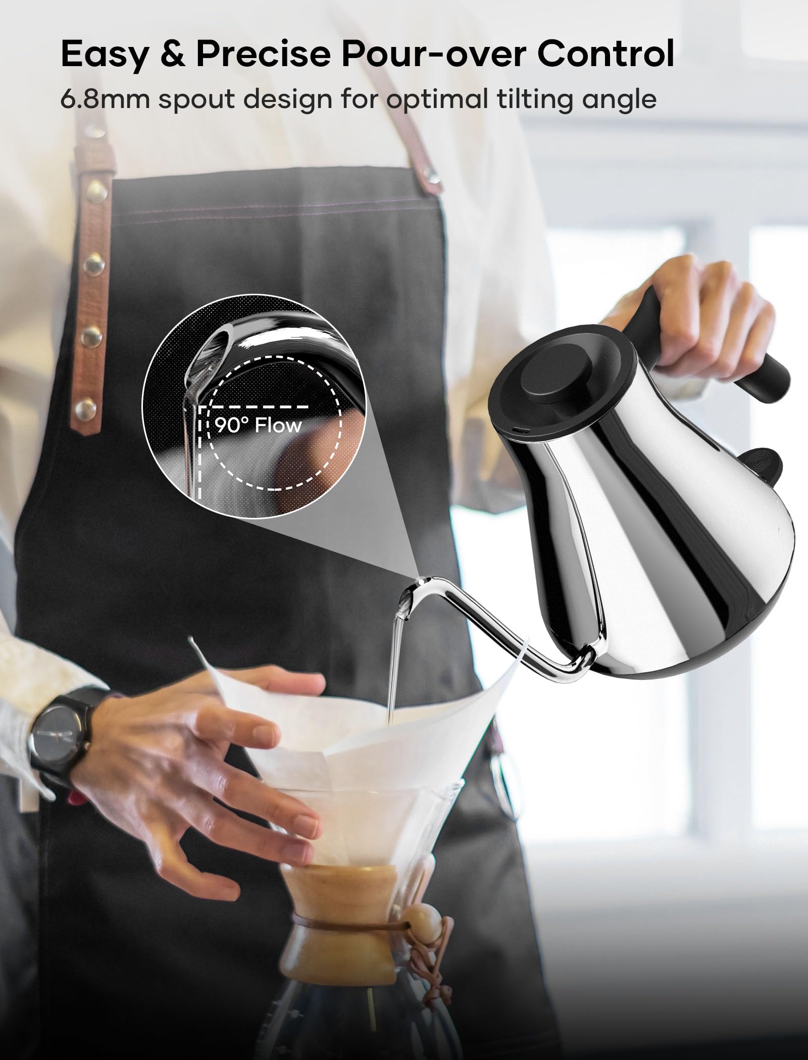 Gooseneck Electric Kettle, Offacy Gooseneck Kettle with 100% Food Grade 304 Stainless Steel, Pour Over Kettle & Coffee Kettle, Tea Kettle 1200 Watt Quick Heating, 0.9L, Stainless Steel