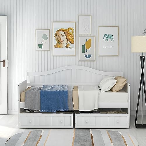 Sturdy Wood Twin Size Bed Frame Twin Wooden Daybed with 2 Drawers,?Sofa Bed for Bedroom Living Room,No Box Spring Needed,White
