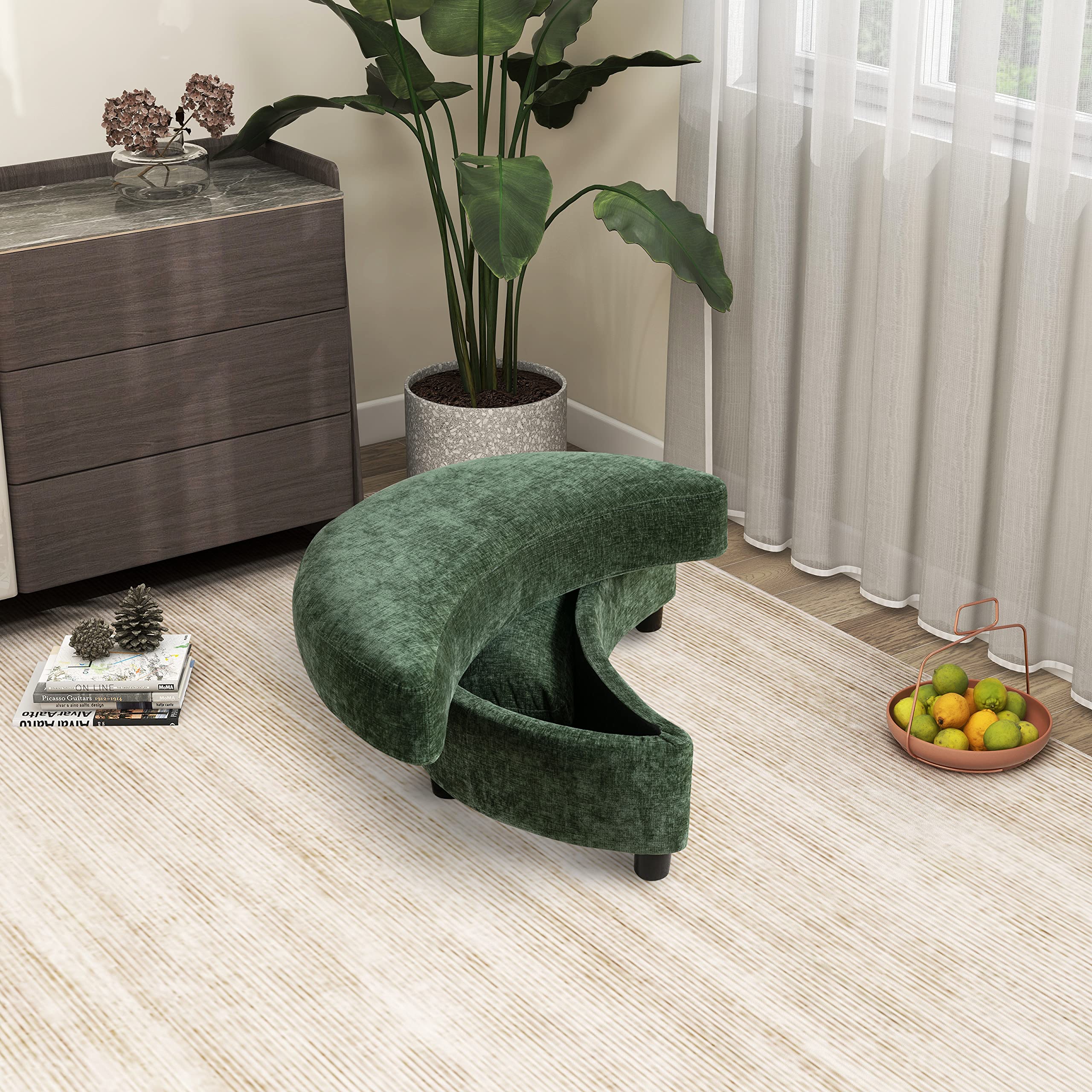 HABITRIO Storage Ottoman, Green Chenille Upholstered Half Crescent Moon Bench w/ 1 Toss Pillow, Tray Serve As Side Table, Padded Seat Dressing Shoe Bench Footrest for Living Room, Entryway, Hallway
