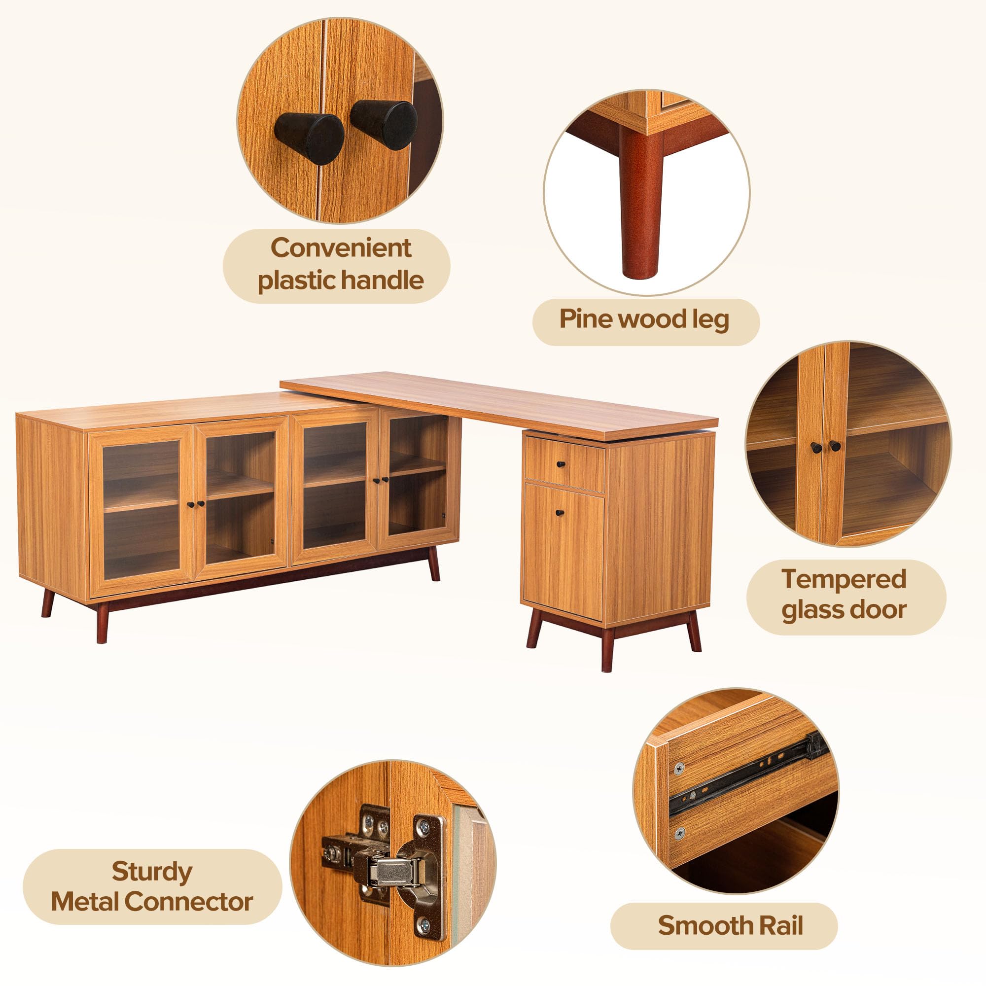 Pajadar L-Shaped Desk 66.5", Modern Executive Table with Delicate Tempered Glass Cabinet Storage, Teak Desk with Drawers, Long Desk for Modern Home Office