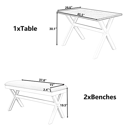UBGO Chair for 4, 3 Piece Modern Leisure Set with 2 Upholstered Bench Rectangular Table for Kitchen, Dining Room, Restaurant, Apartment Small Space Furniture, Gray Green