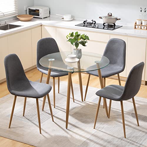 STYLIFING Round Glass Dining Table - Tempered Glass Kitchen Table Dining Room Table - Modern Small Round Dining Table for 4 with Wood Printed Transfer Metal Leg Coffee Dinner Table for Living Room