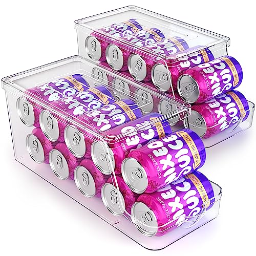 Soda Can Dispenser for Refrigerator with Lids, Stackable Drink Organizer for Fridge, Clear Plastic Refrigerator Organizer Bins, Beverage Can Holders for Pantry, Freezer, Kitchen, Cabinets Set of 2