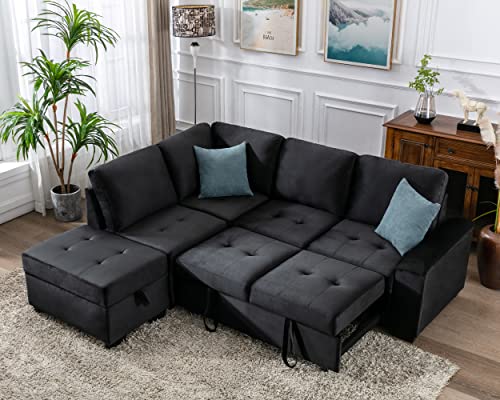 UBGO Sectional Modern L Shape Corner Convertible Sleeper Combination Sofa Bed Ottoman and Storage Hidden Arms Pull Out Sheet for Living Room Apartment, Black G