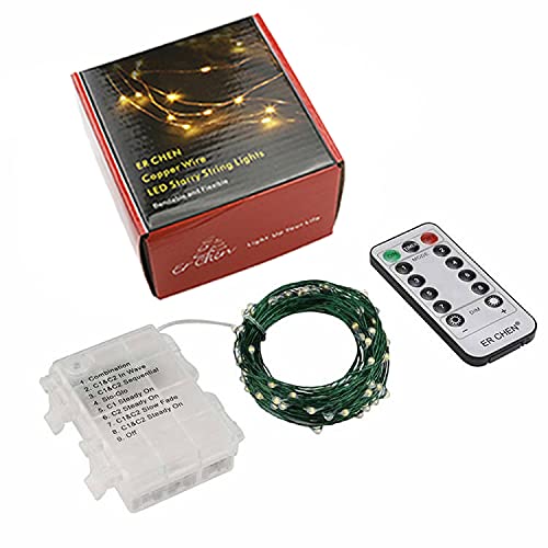 ER CHEN Battery Operated String Lights, 33ft/10m 100 LED Dimmable Fairy Lights with Remote/Timer, Waterproof Green Copper Wire Christmas Lights for Bedroom, Patio, Wedding, Party (Multicolor)