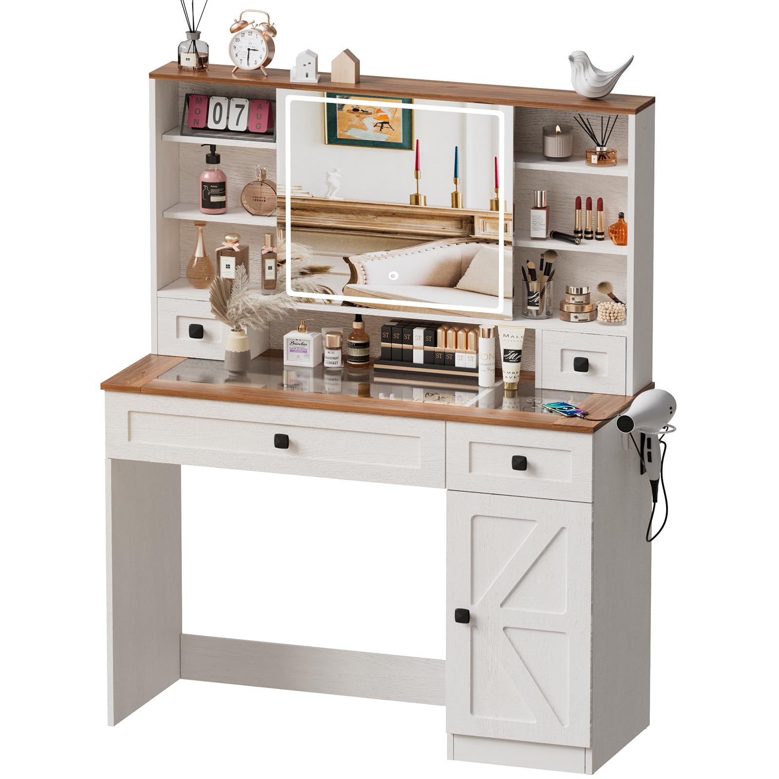 PAKASEPT Vanity Desk with Sliding Mirror and Lights, Glass Tabletop Makeup Vanity with 3 Lighting Modes, White Vanity Table with Power Strip&Hooks, Hidden Shelves, Girls Bedroom Vanities Set