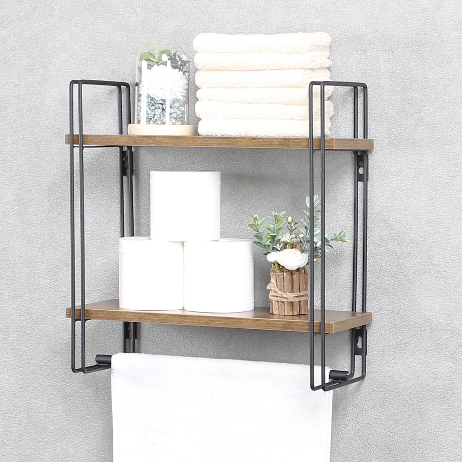OISSIO Industrial Bathroom Shelves Wall Mounted,Rustic 2-Layer Bathroom Shelf with Towel Bar,Floating Shelves,Black