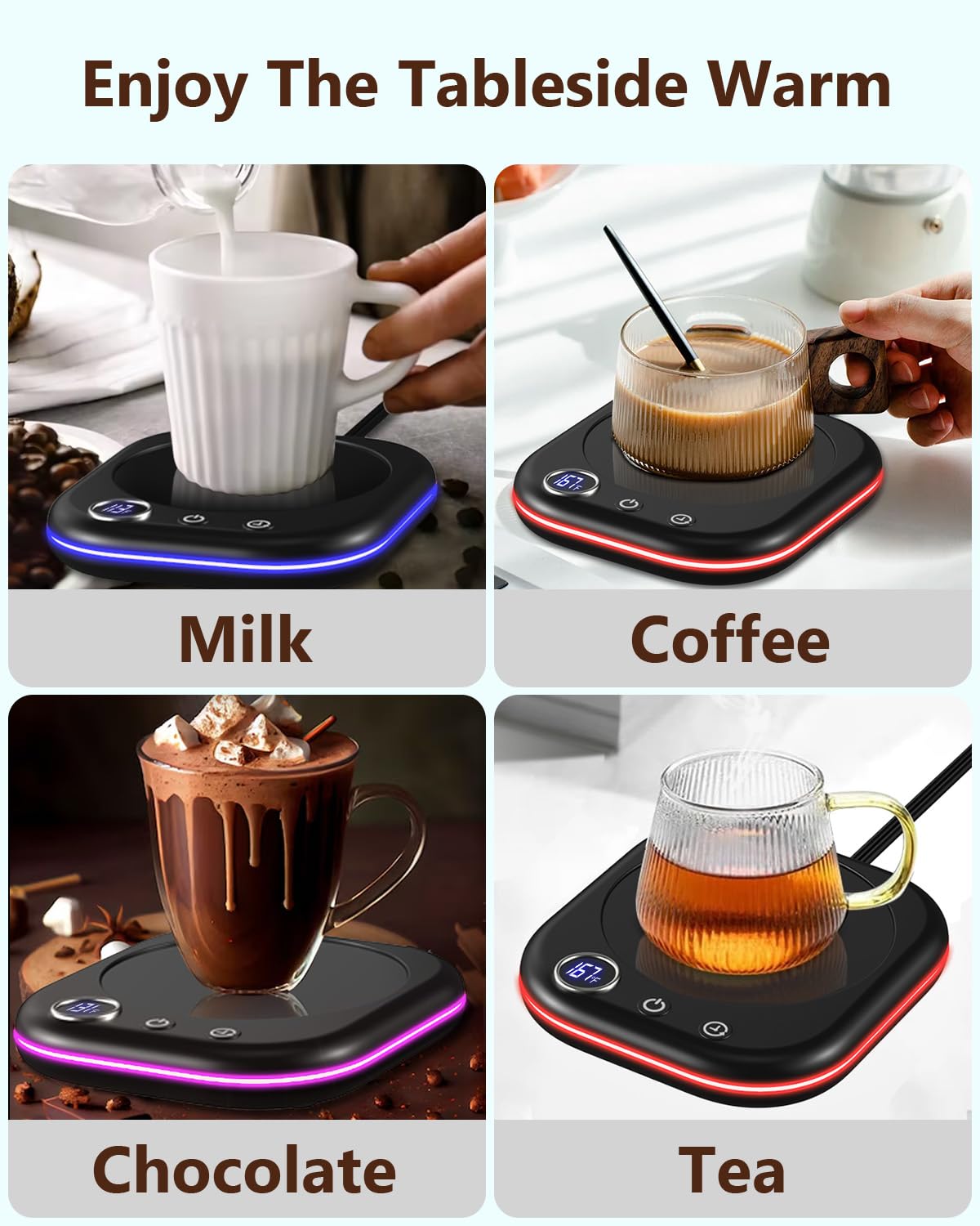 MQUPIN Coffee Warmer, Coffee Cup Warmer for Desk Auto Shut Off, Smart Candle Warmer with Temp Display & 1-12 Hours Timer- 1 Gold Coffee Spoon & 1 Black Insulating Mat Included (Black)