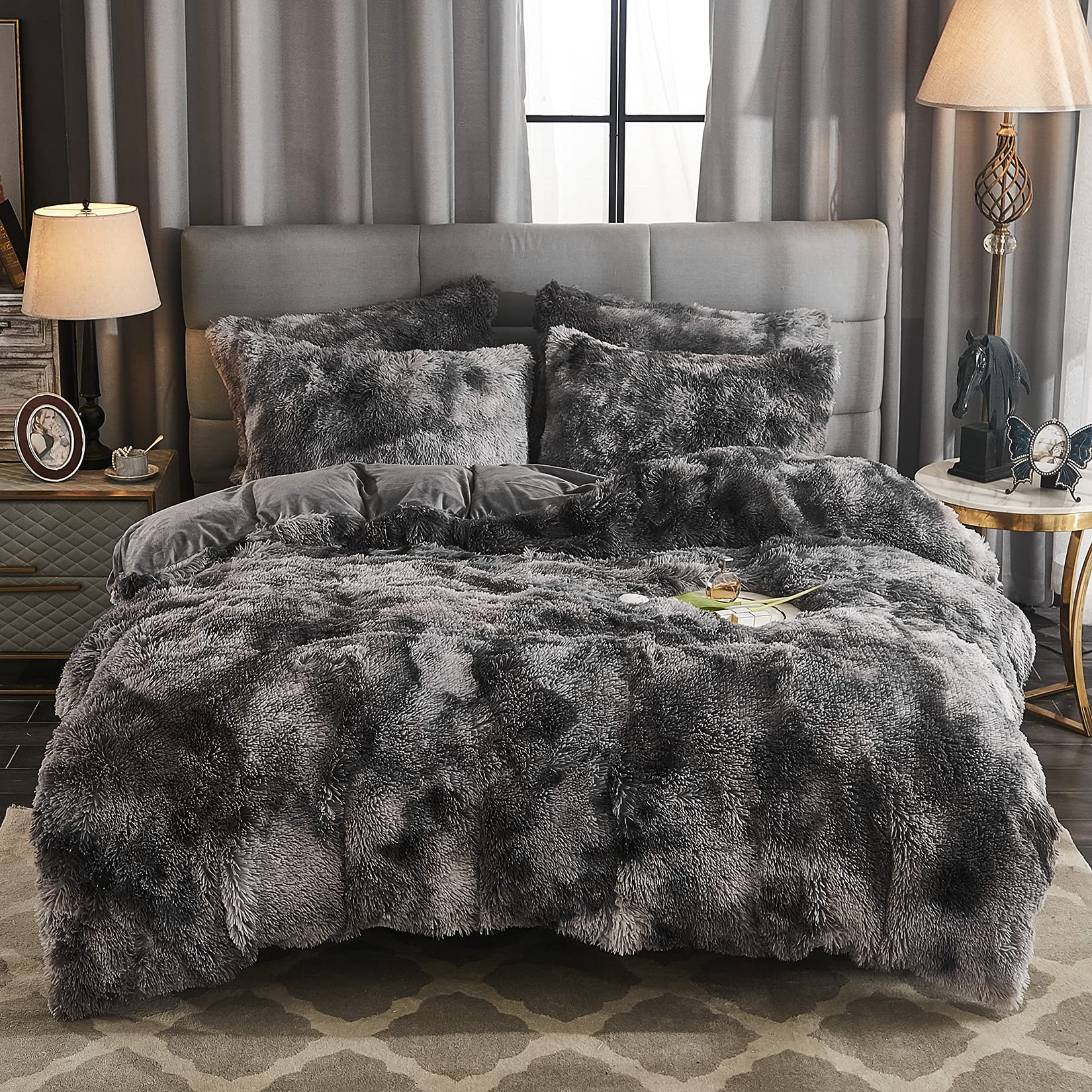 WERDIM Shaggy Fluffy Tie Dye Duvet Cover Set Button Closure Velvety Bedding Set Comforter Cover with Pillowcases Tie Dye Dark Grey, Twin Size