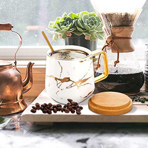 Peohud 2 Pack Porcelain Coffee Mugs Set, 14 OZ Marble Coffee Cups with Lid and Spoon, Large Tea Mugs for Latte, Cappuccino, Americano, Coffee Mugs for Couple, Novelty Engagement Gift