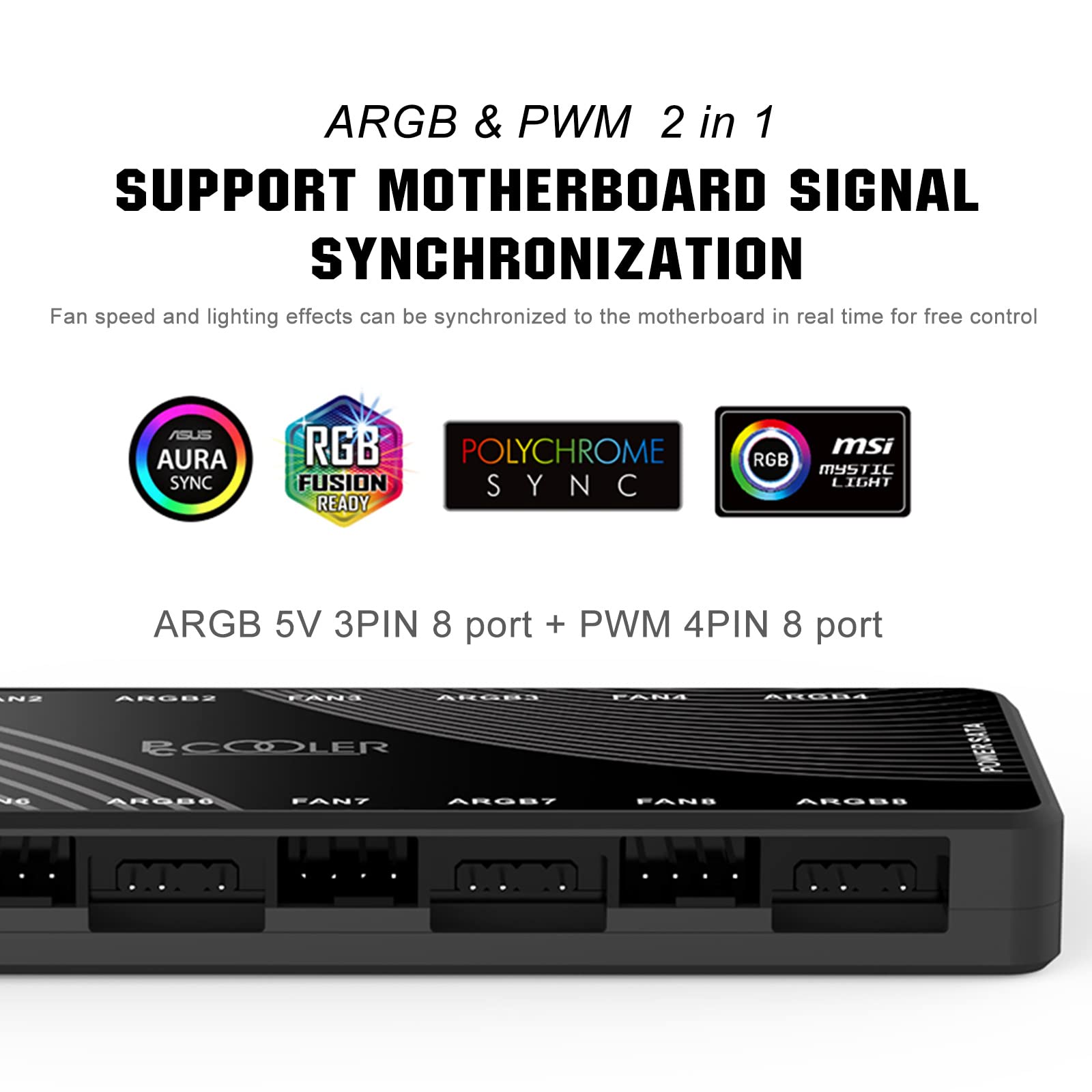 PCCOOLER PWM Fan Hub, Addressable 5V 3Pin ARGB & 12V 4Pin PWM 2-in-1 RGB Case Fan Hub with Hidden Magnetic Base and SATA Power 16 Port, Support 8 Computer CPU Fans Splitter