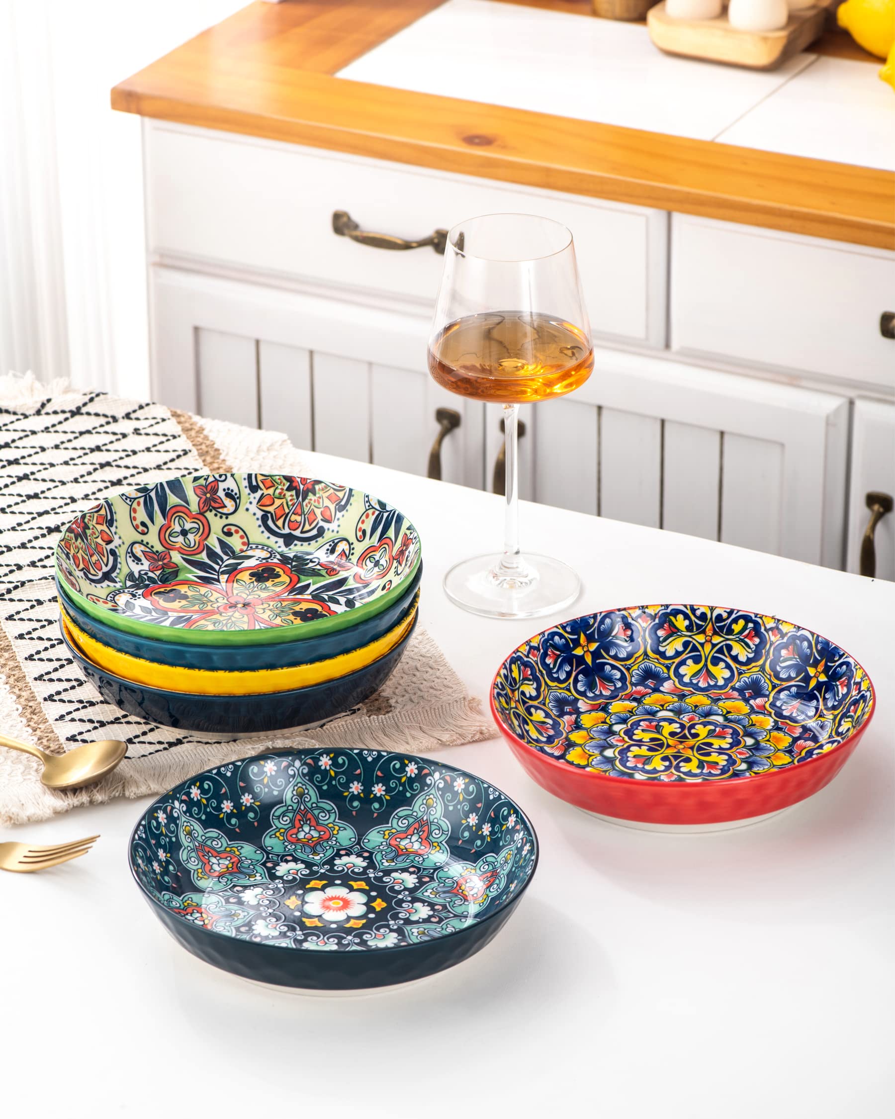 HENXFEN LEAD Ceramic Soup, Pasta Bowls Bundle - Colorful Bowls for Kithchen, Dinner, Eating -Bohemian Style