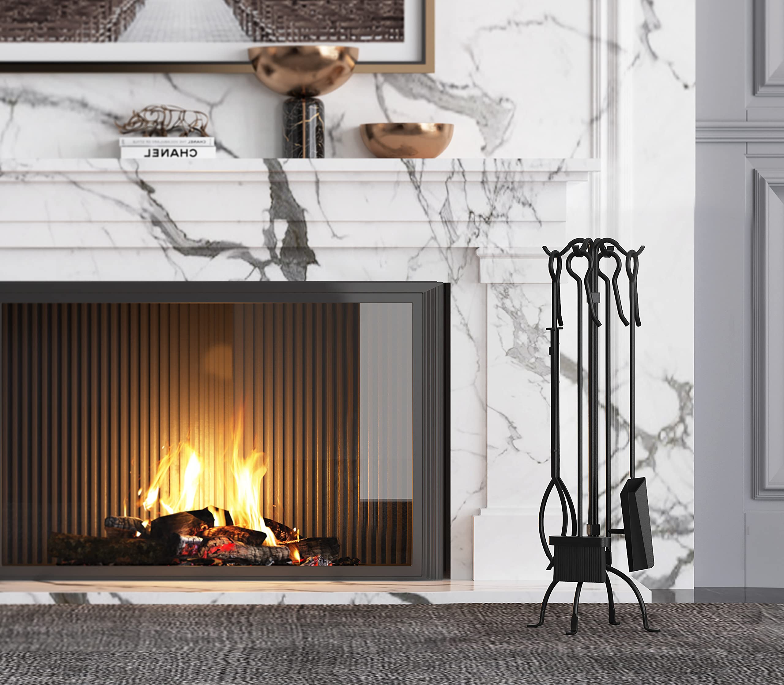 Fire Beauty 5-Piece Fireplace Tools Set, Heavy Duty Wrought Iron Fire Place Toolset, Black